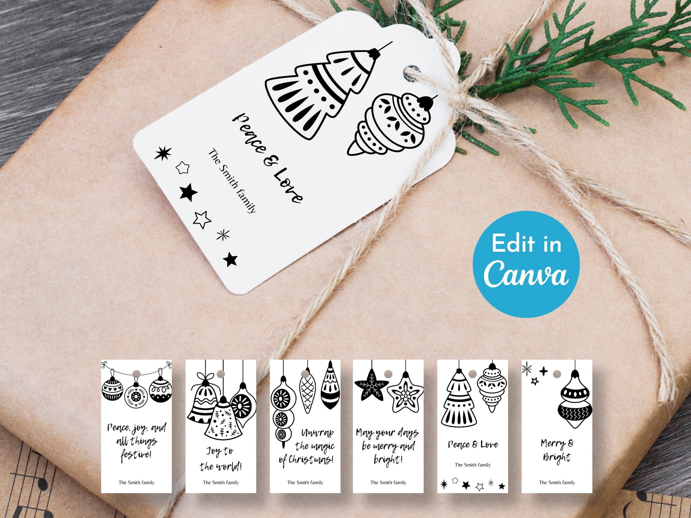 Printable Ornament Christmas Gift Tags in Black and White, Set of 6 ...
