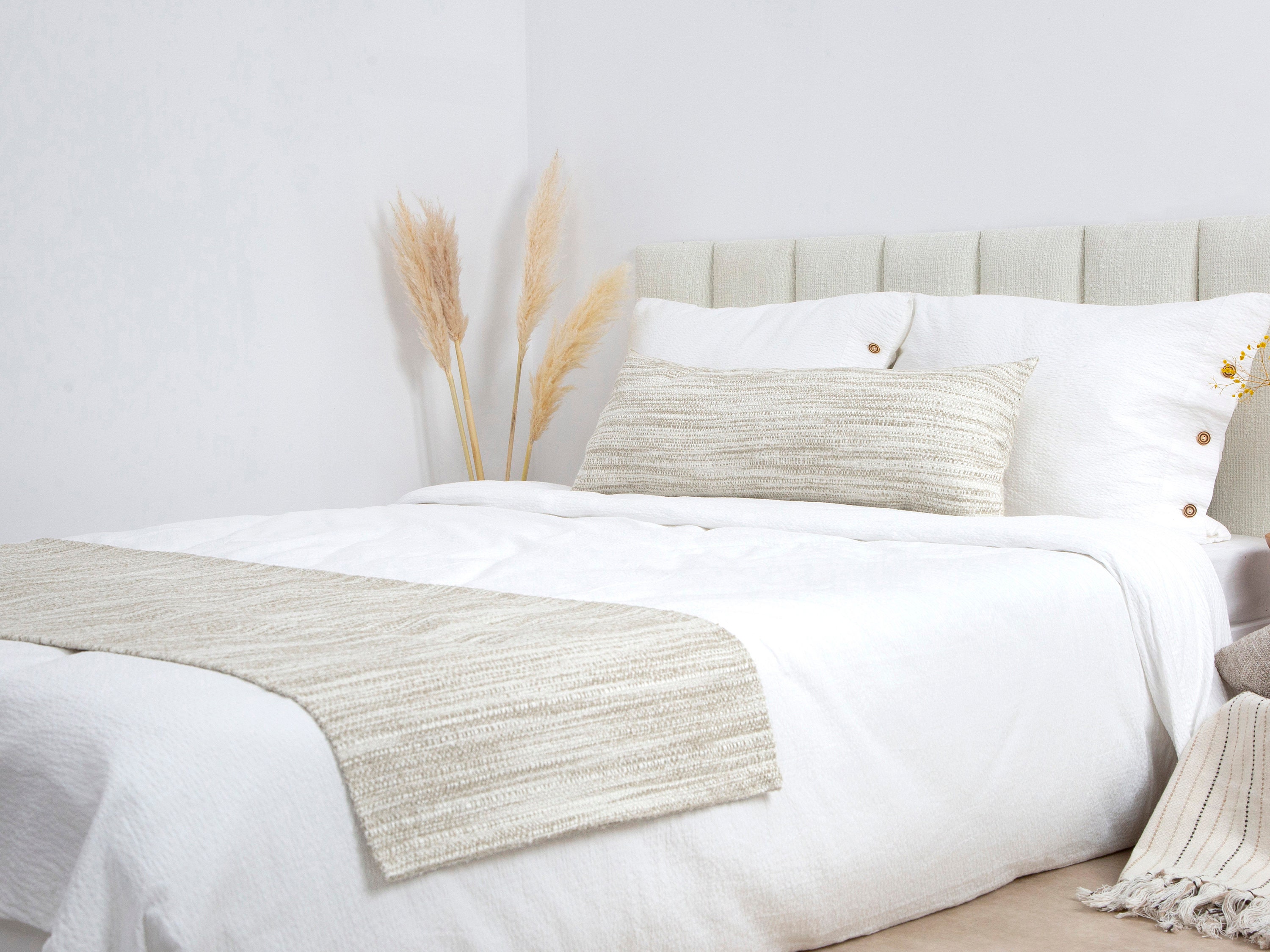 Beige Boho Bed Runner Set Striped Neutral Bed Runner Long Lumbar Pillow ...