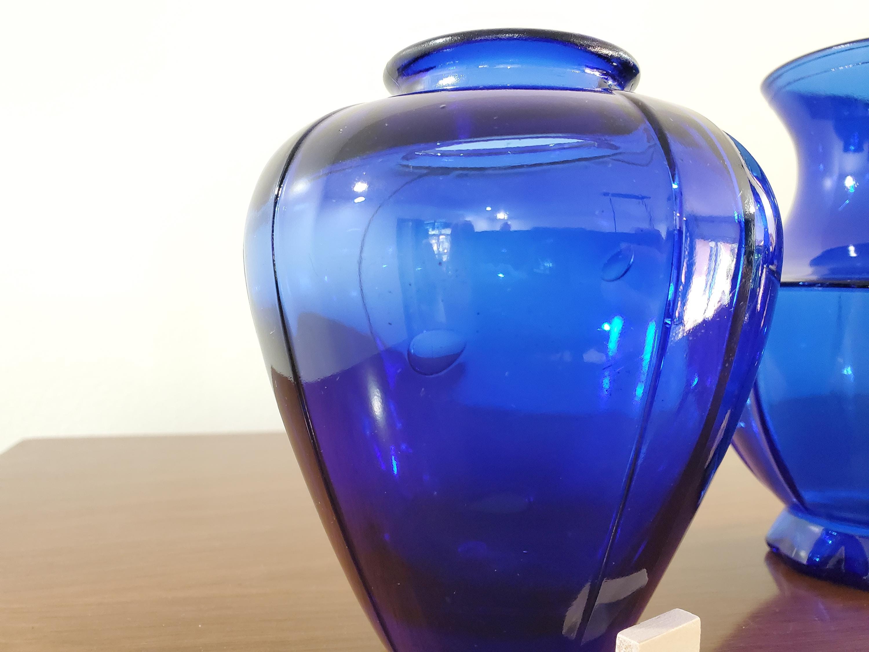 Vintage Cobalt Blue Vases, "king Tut" Urn Shaped Pressed Glass, - Etsy