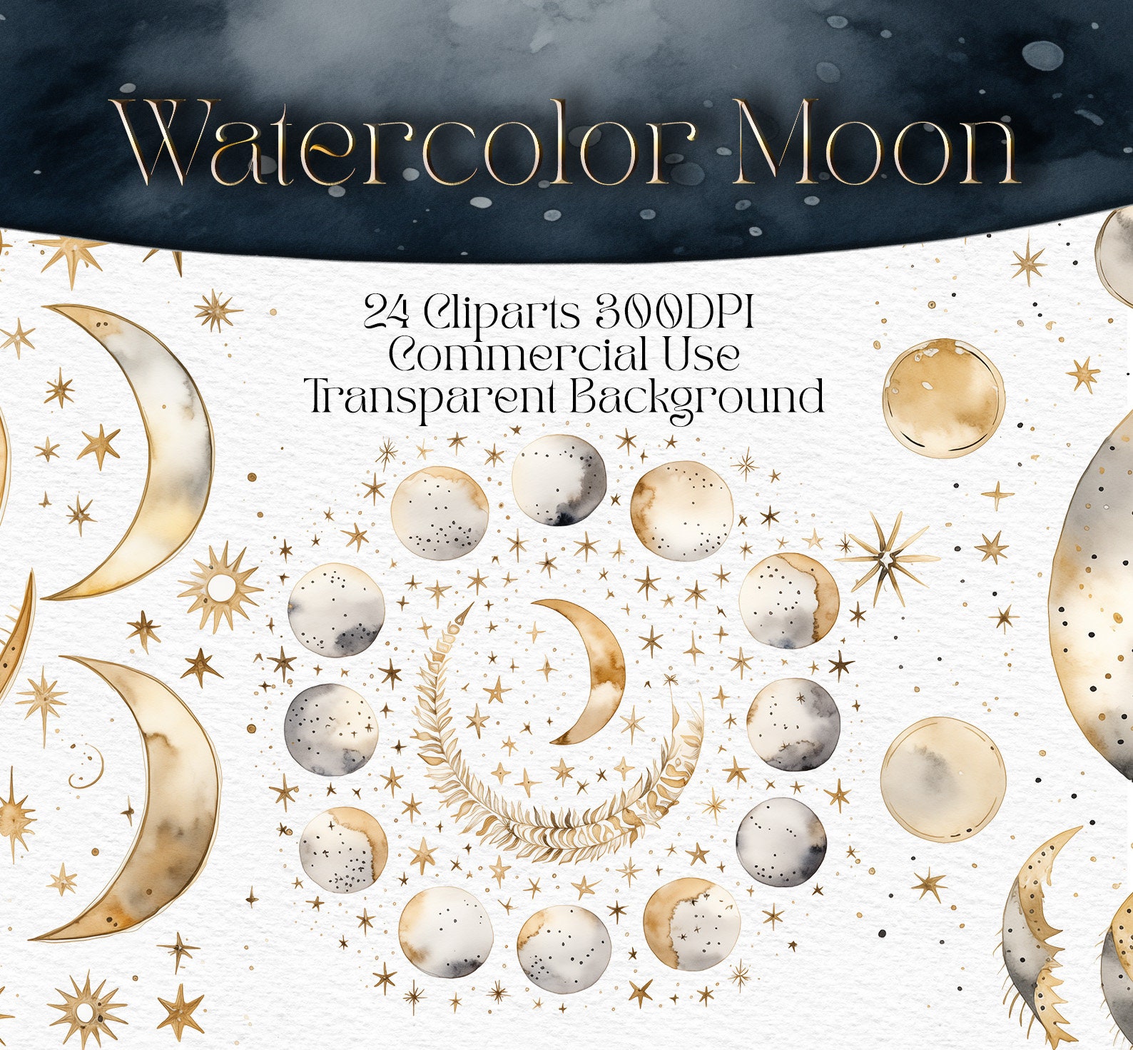 Watercolor Moon Clipart Celestial Clip Art Moon Phases Boho Wall Art ...