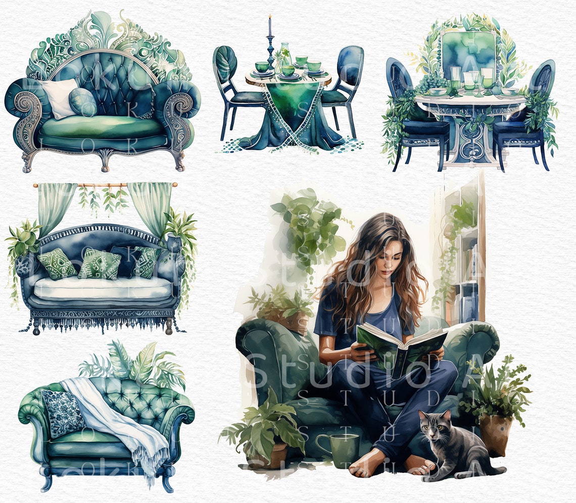Watercolor Bohemian Blue Cozy House Decoration PNG Clipart Boho Clipart ...