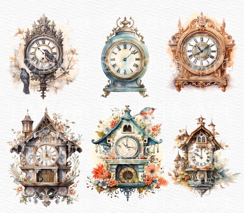 Vintage Cuckoo Clock Bundle Old Fashion Clip Art Antique PNG Grandpa ...