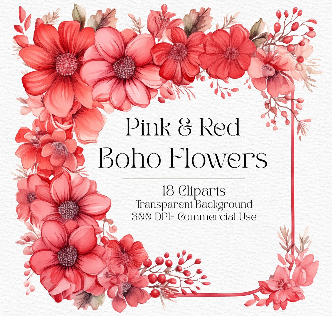Watercolor Boho Red Flowers PNG Watercolor Floral Border Clip Art Pink ...