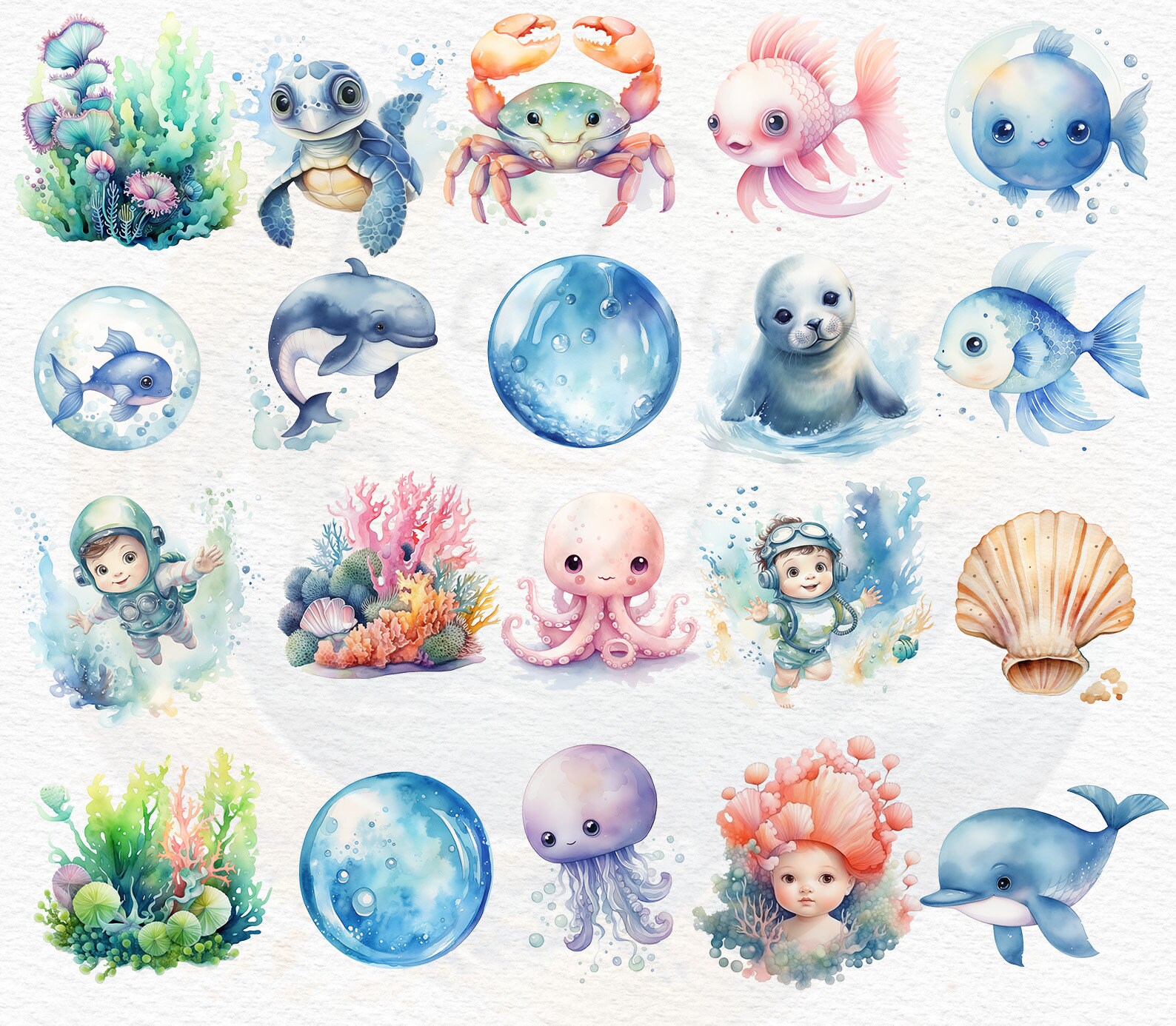 Undersea Watercolor Clipart Bundle Cute Nursery Decor Baby Wall Art ...