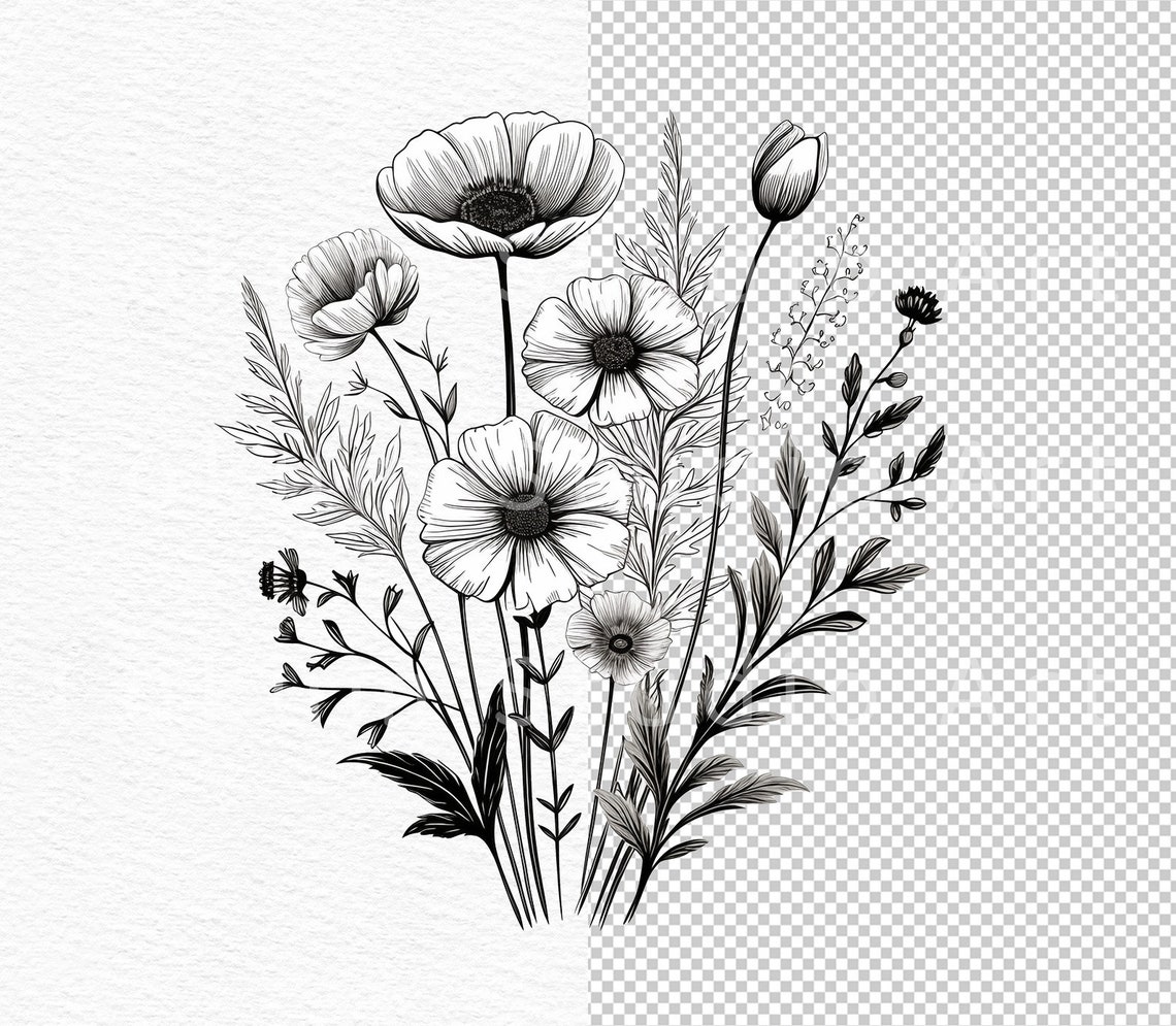 Wildflowers Line Art, Wild Flowers Frames Botanical Hand Drawn Line Art ...