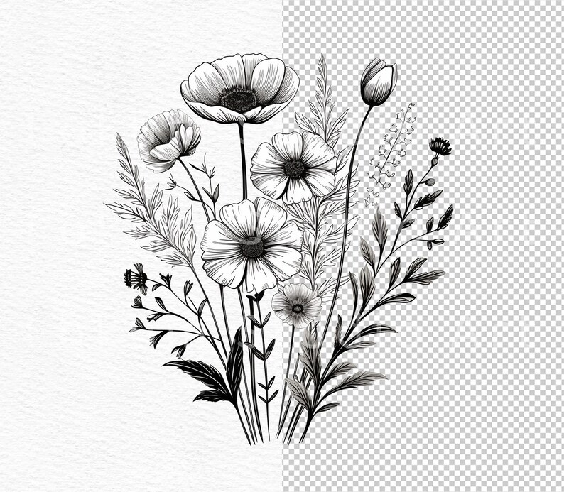 Wildflowers Line Art, Wild Flowers Frames Botanical Hand Drawn Line Art ...