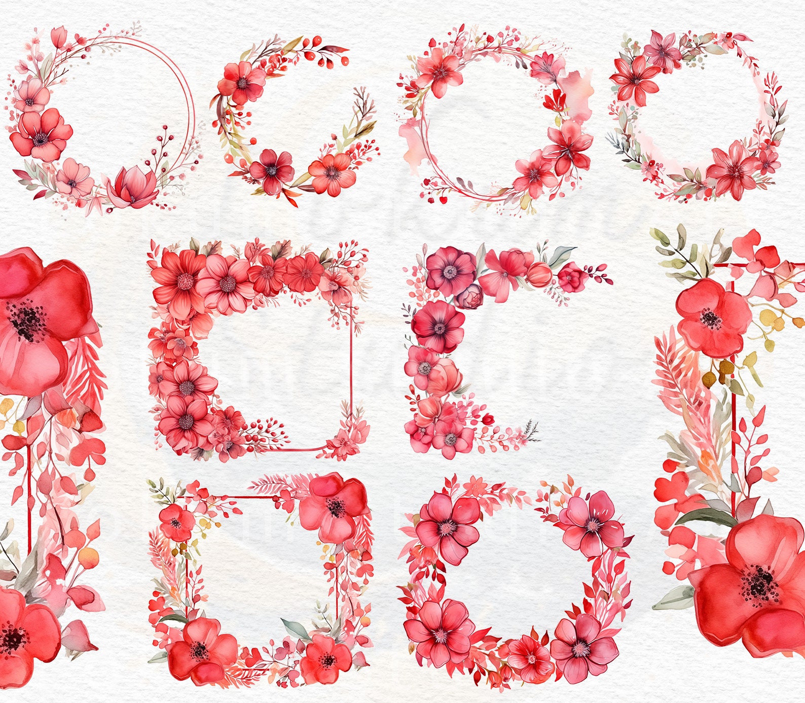 Watercolor Boho Red Flowers PNG Watercolor Floral Border Clip Art Pink ...