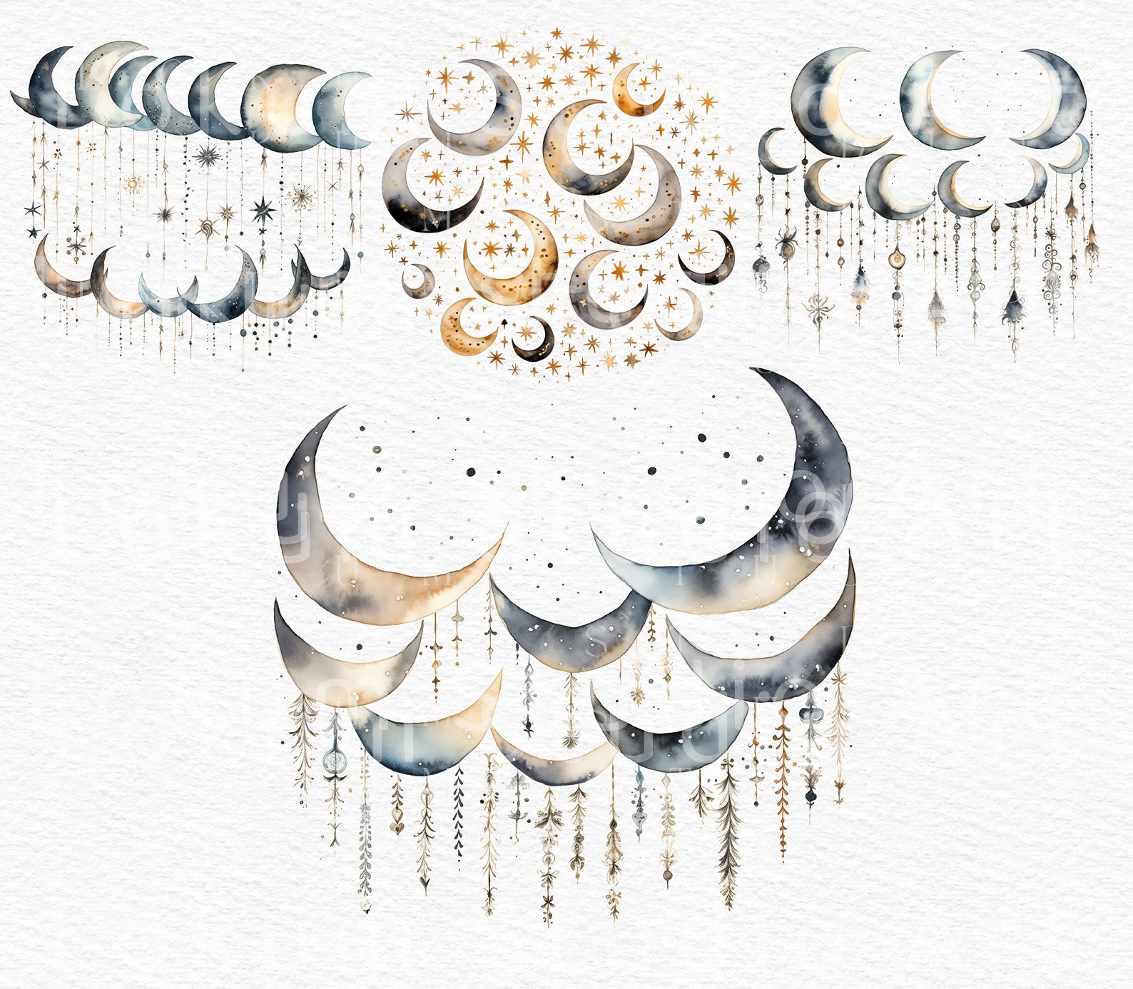 Watercolor Moon Clipart Celestial Clip Art Moon Phases Boho Wall Art ...