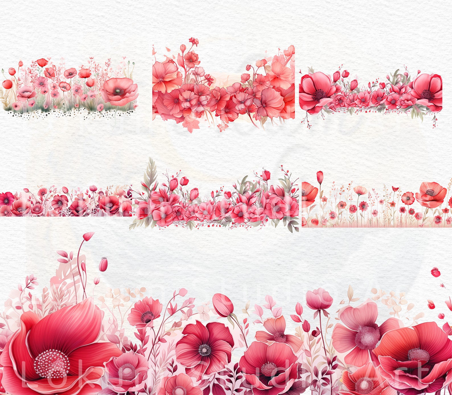 Watercolor Boho Red Flowers PNG Watercolor Floral Border Clip Art Pink ...