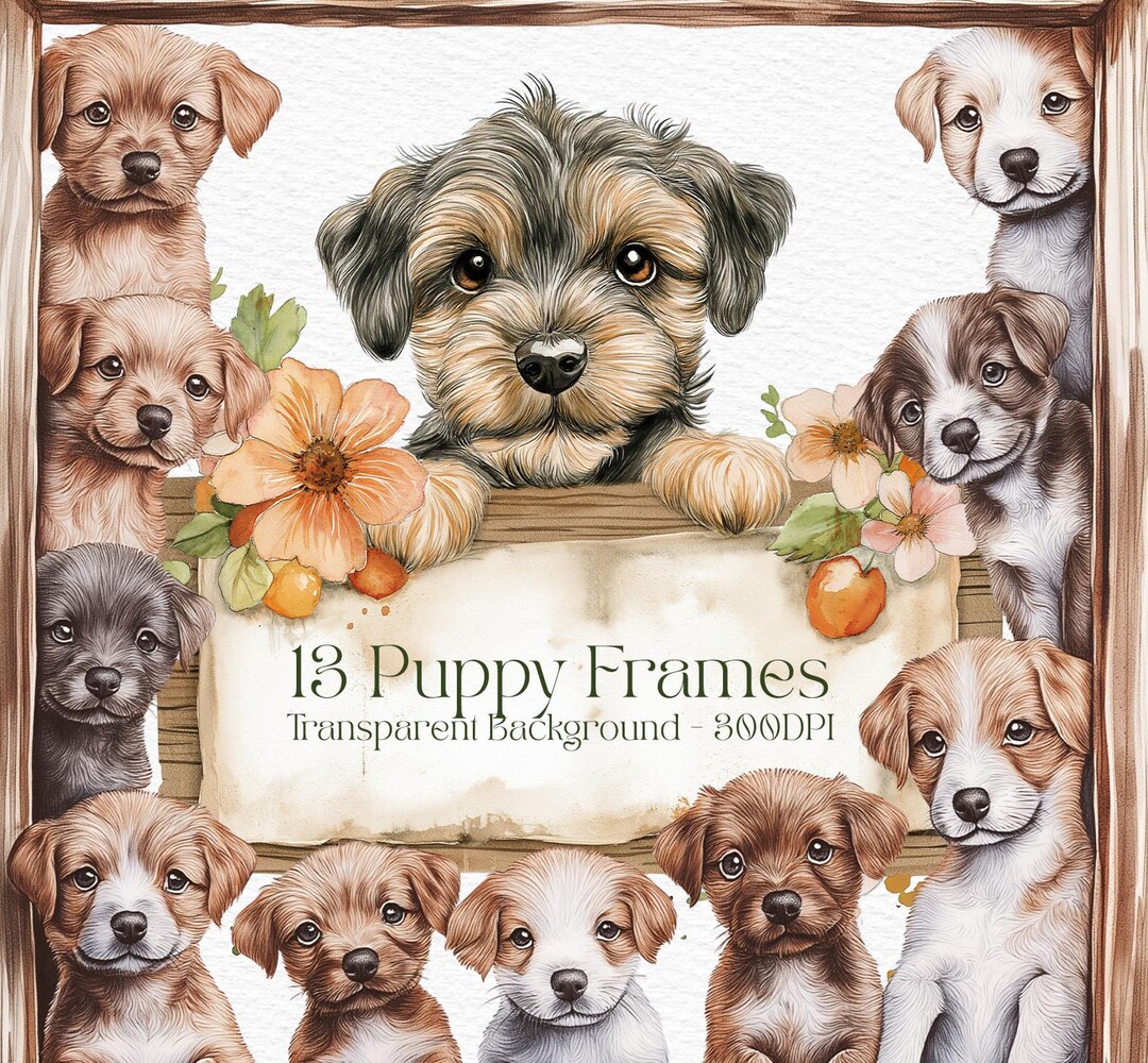Cute Puppy Dog Frames Watercolor Fun Puppy Clipart Wood Frames for ...