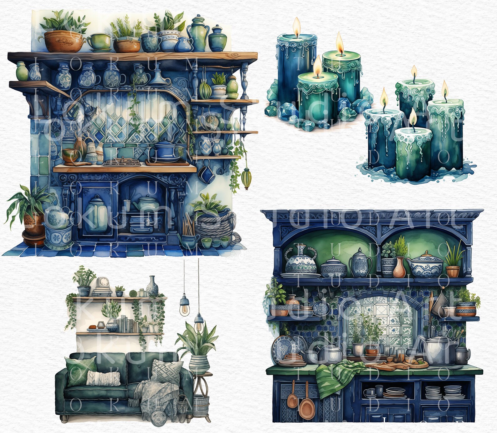 Watercolor Bohemian Blue Cozy House Decoration PNG Clipart Boho Clipart ...