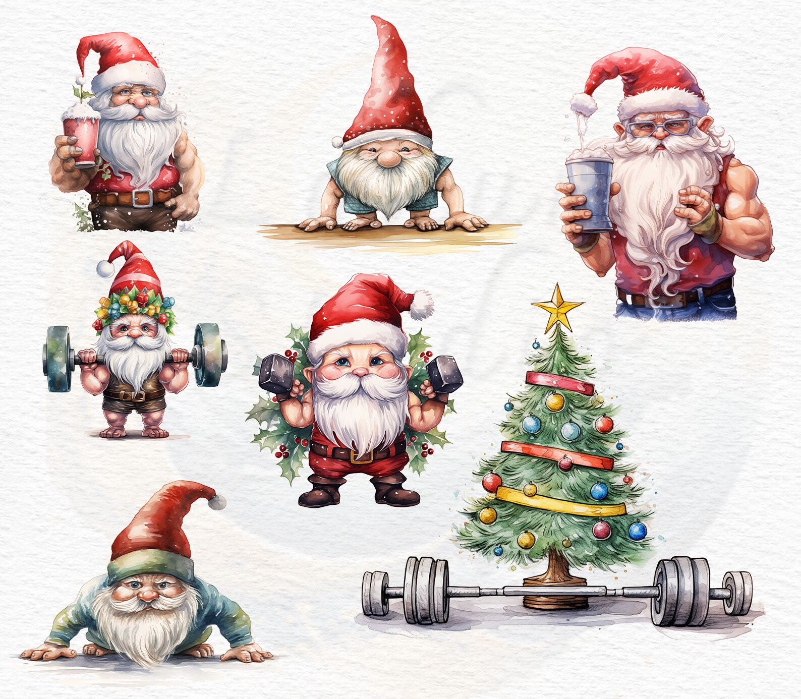 Watercolor Gnomes in Fitness Funny Clip Art Artful PNG Digital Xmas ...