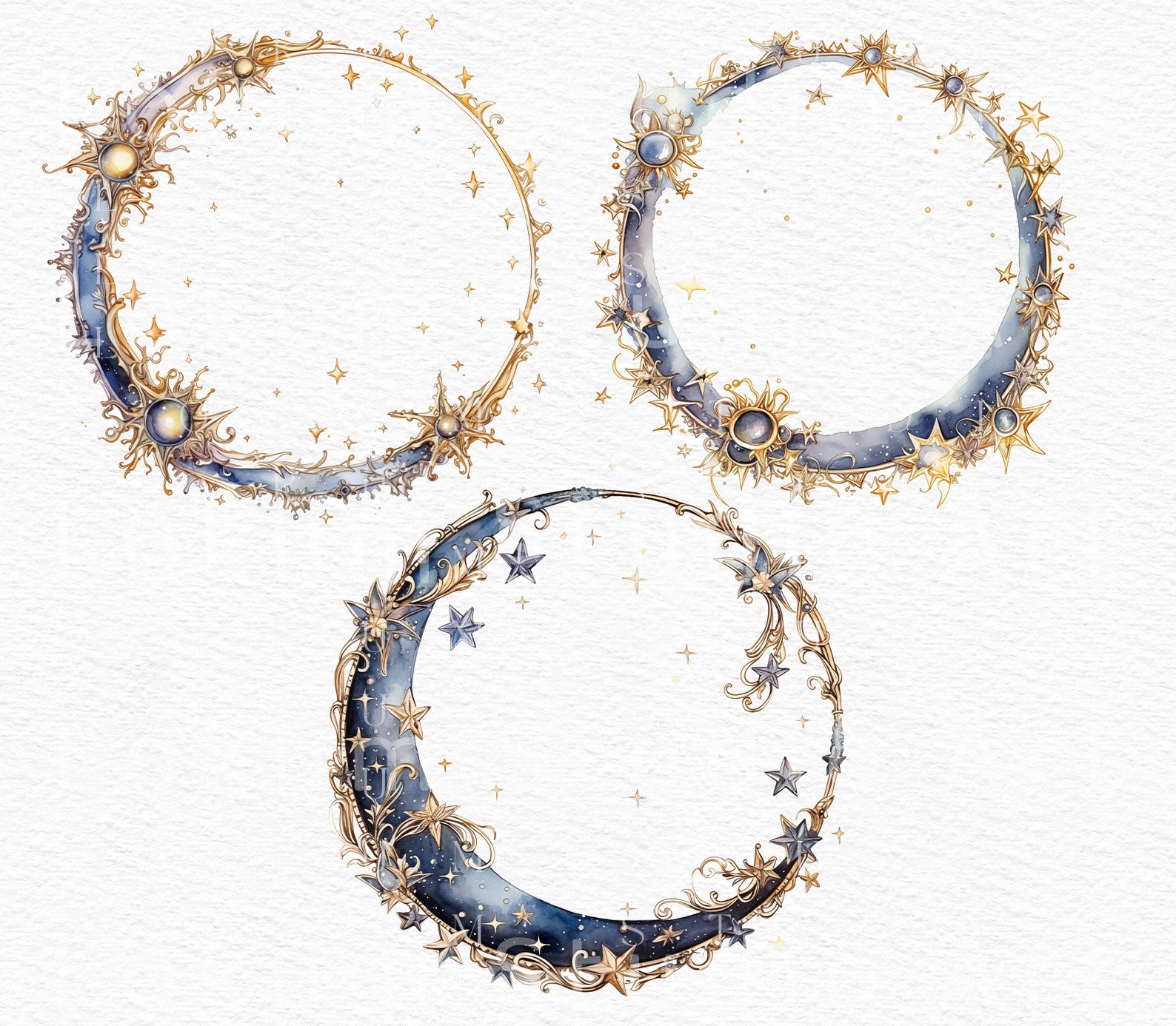 Watercolor Celestial Beautiful Frames Stars Frame PNG Invitation Frames Digital Magical Clip Art ...