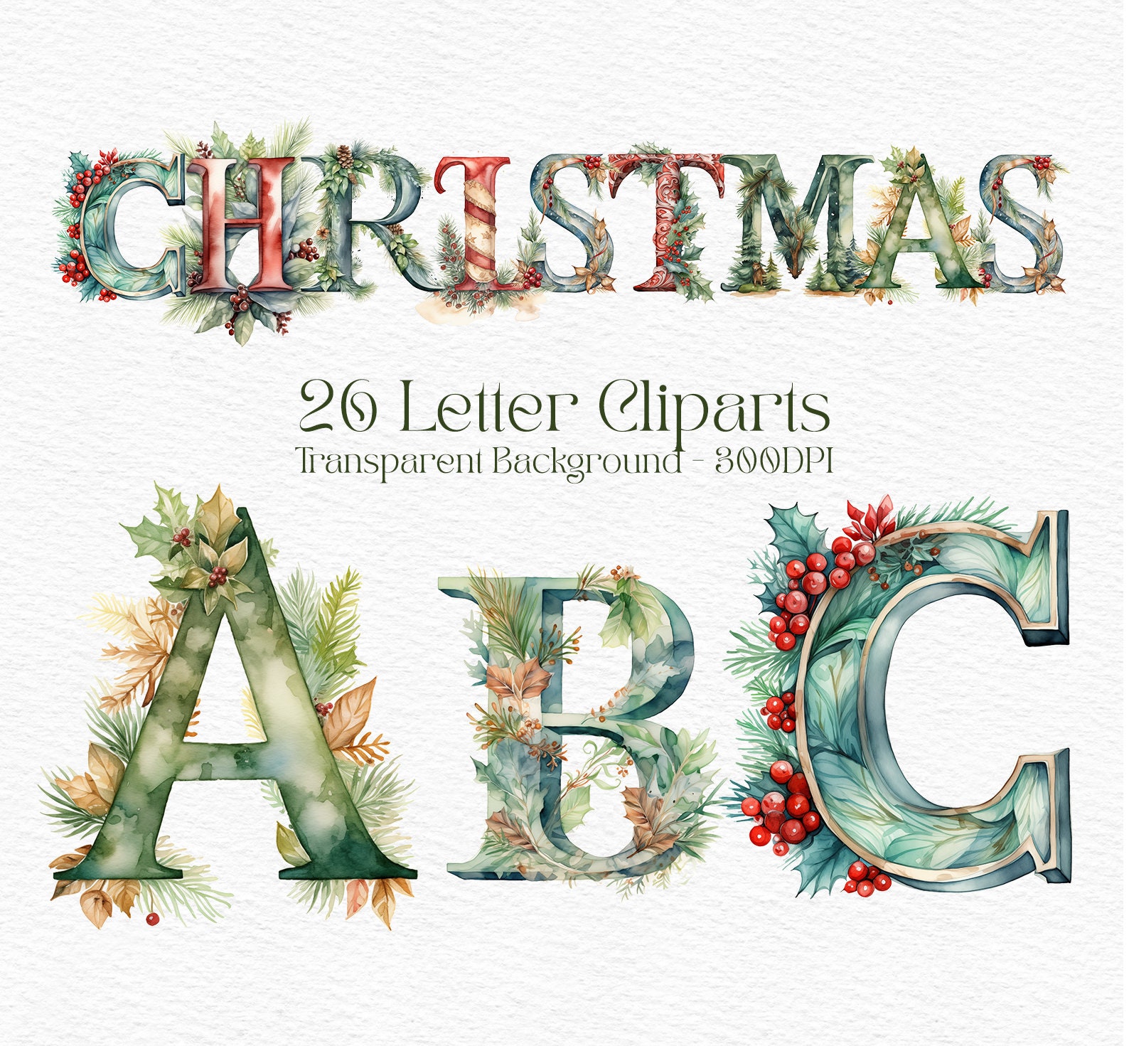 Christmas Alphabet Clipart, Watercolor Xmas Font 26 Quality Pngs ...