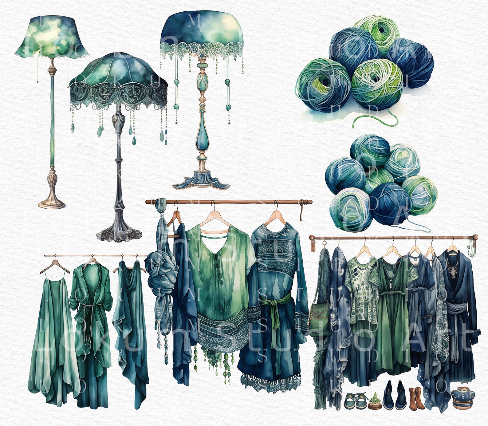 Watercolor Bohemian Blue Cozy House Decoration PNG Clipart Boho Clipart ...