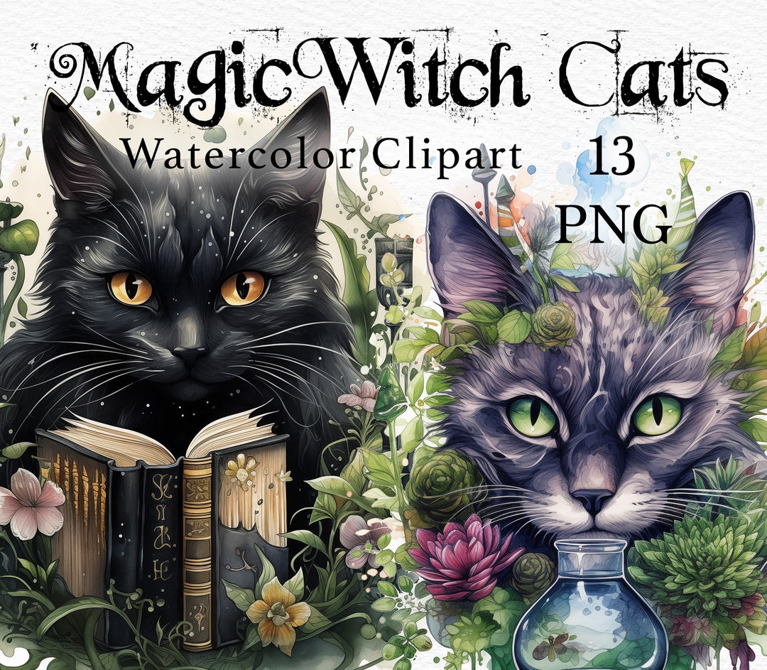 Watercolor Fantasy Magic Witch Black Cats Clipart, Forest Witch Magical ...