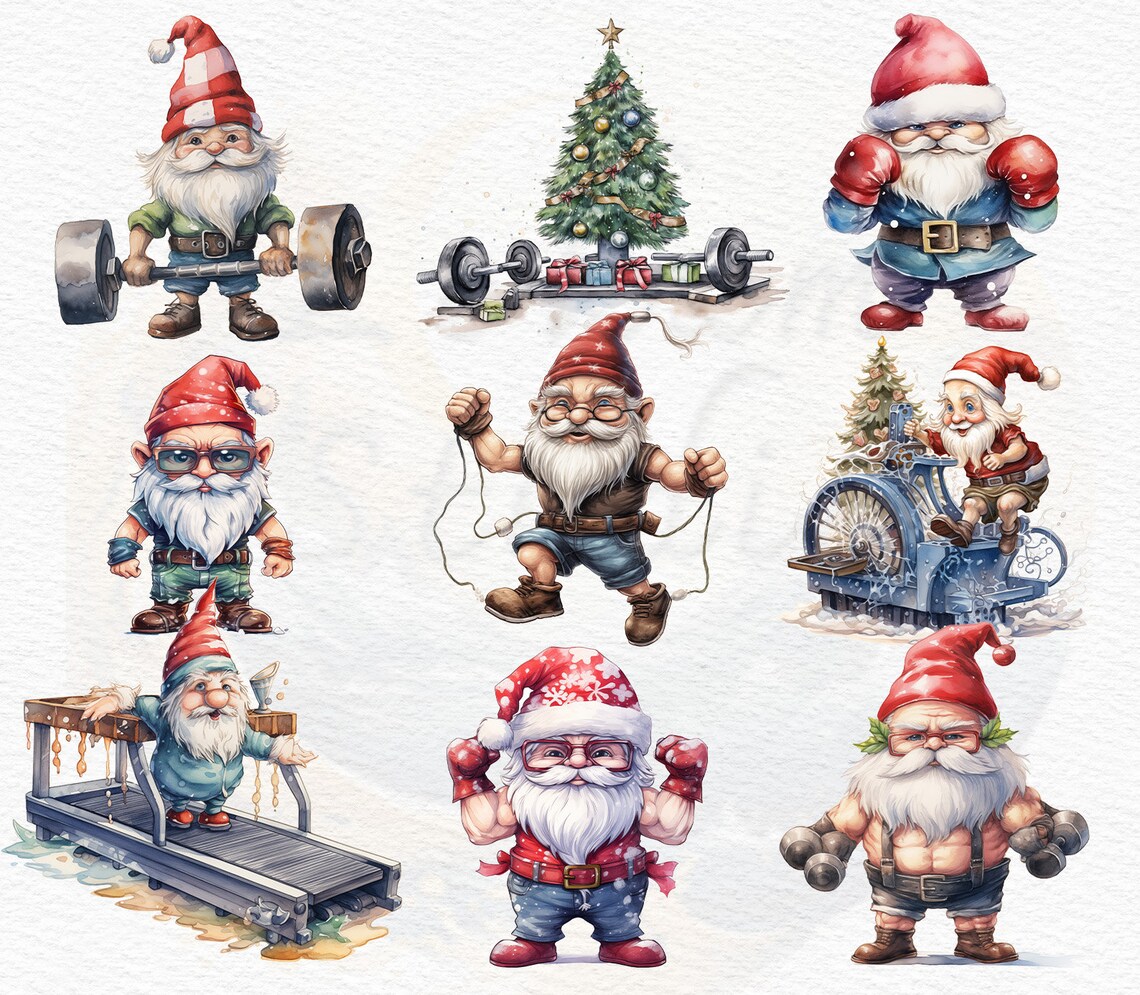 Watercolor Gnomes in Fitness Funny Clip Art Artful PNG Digital Xmas ...