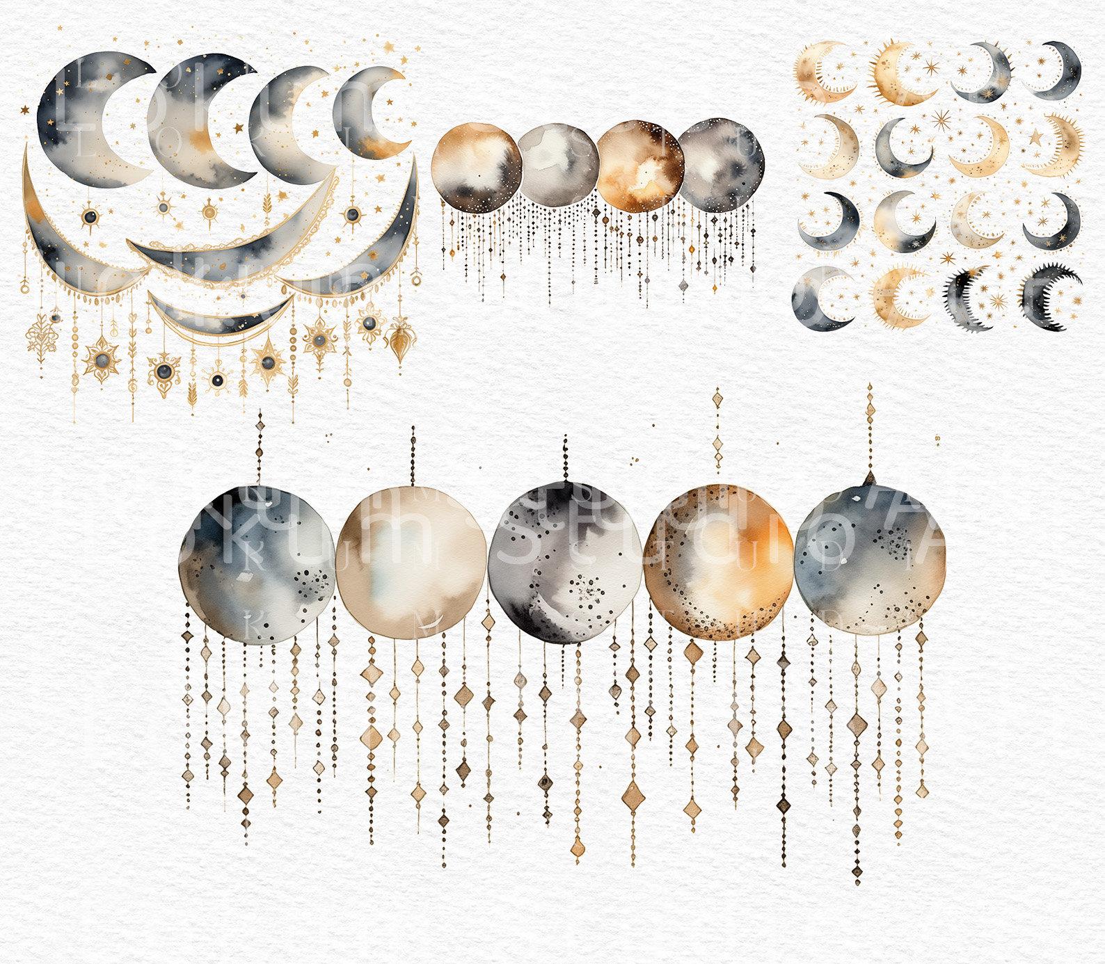 Watercolor Moon Clipart Celestial Clip Art Moon Phases Boho Wall Art ...