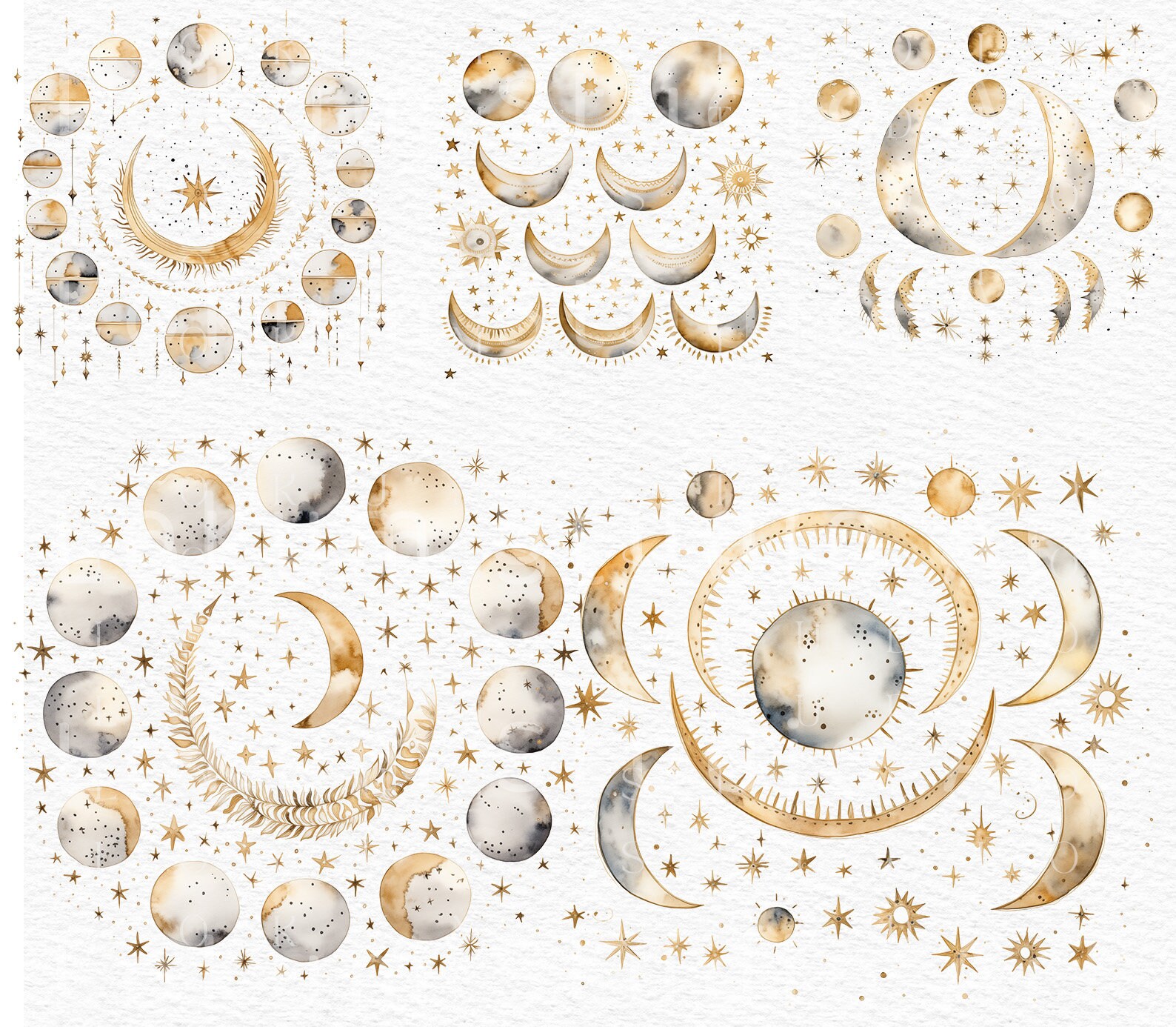 Watercolor Moon Clipart Celestial Clip Art Moon Phases Boho Wall Art ...
