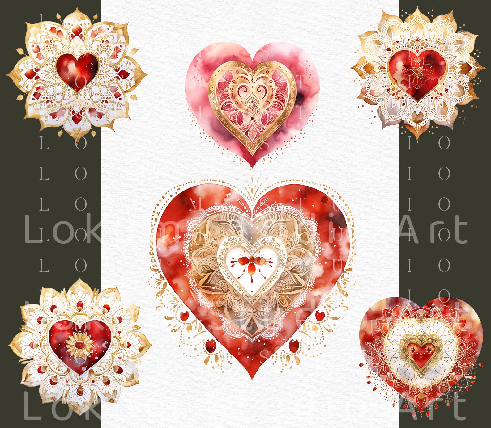 Watercolor Mandala Hearts Clipart Bundle, Valentines Day Digital PNG ...