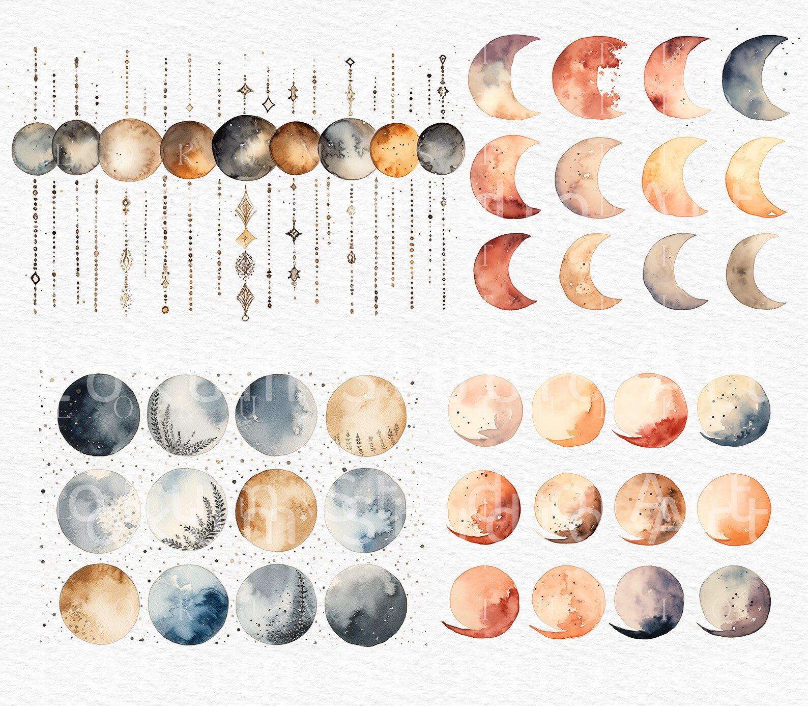 Watercolor Moon Clipart Celestial Clip Art Moon Phases Boho Wall Art ...
