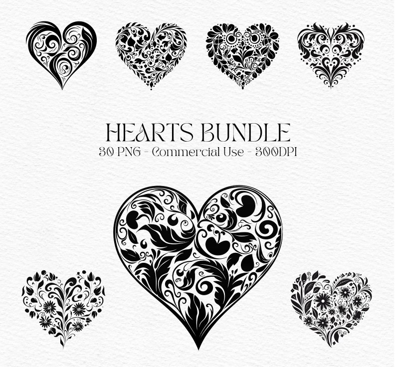 Hearts Clipart Bundle, Valentines Day Digital PNG Love Heart Outline ...