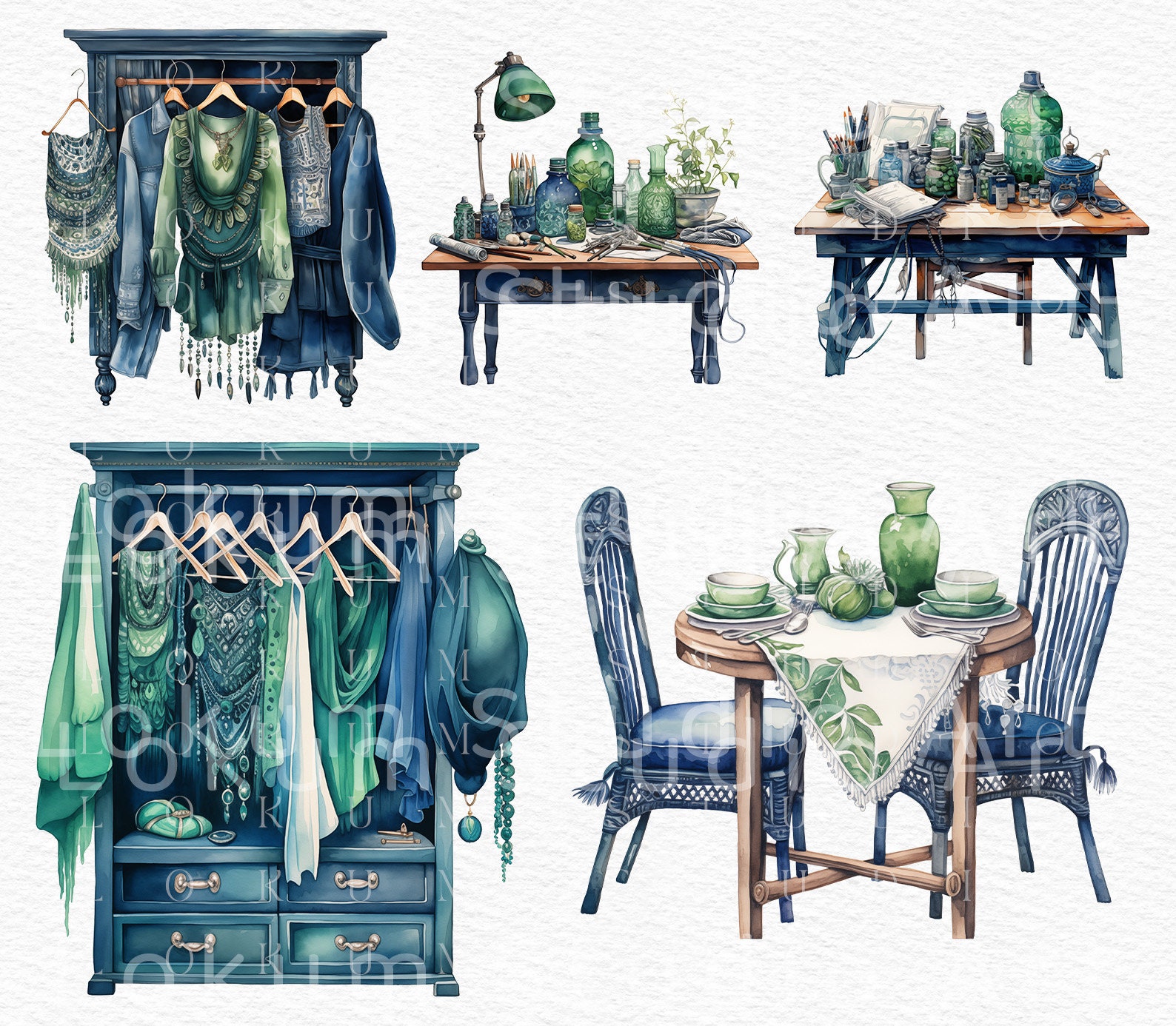 Watercolor Bohemian Blue Cozy House Decoration PNG Clipart Boho Clipart ...