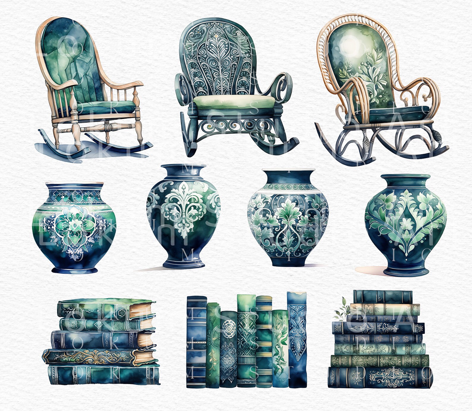 Watercolor Bohemian Blue Cozy House Decoration PNG Clipart Boho Clipart ...