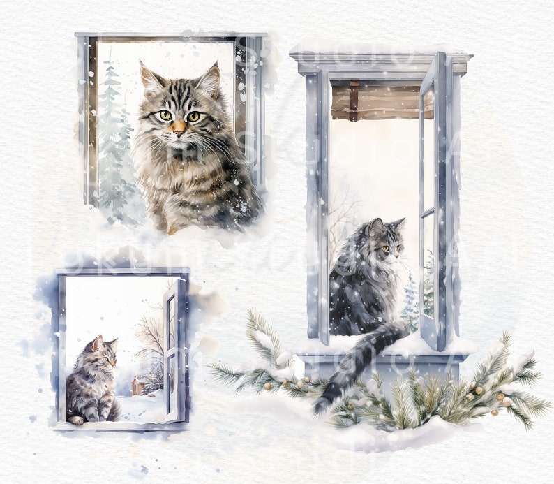 Watercolor Cats Winter Window Clipart Cute Cats Digital Download Cats ...
