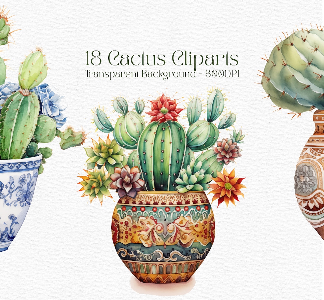 Watercolor Cactus Clipart Digital Download Leaf PNG Ceramic Vase ...