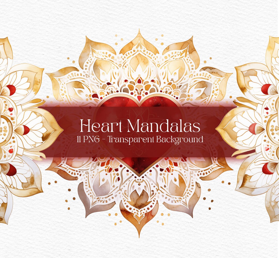 Watercolor Mandala Hearts Clipart Bundle, Valentines Day Digital PNG ...