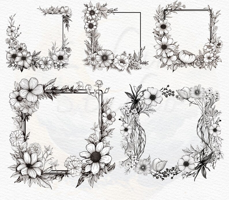 Wildflowers Line Art, Wild Flowers Frames Botanical Hand Drawn Line Art ...