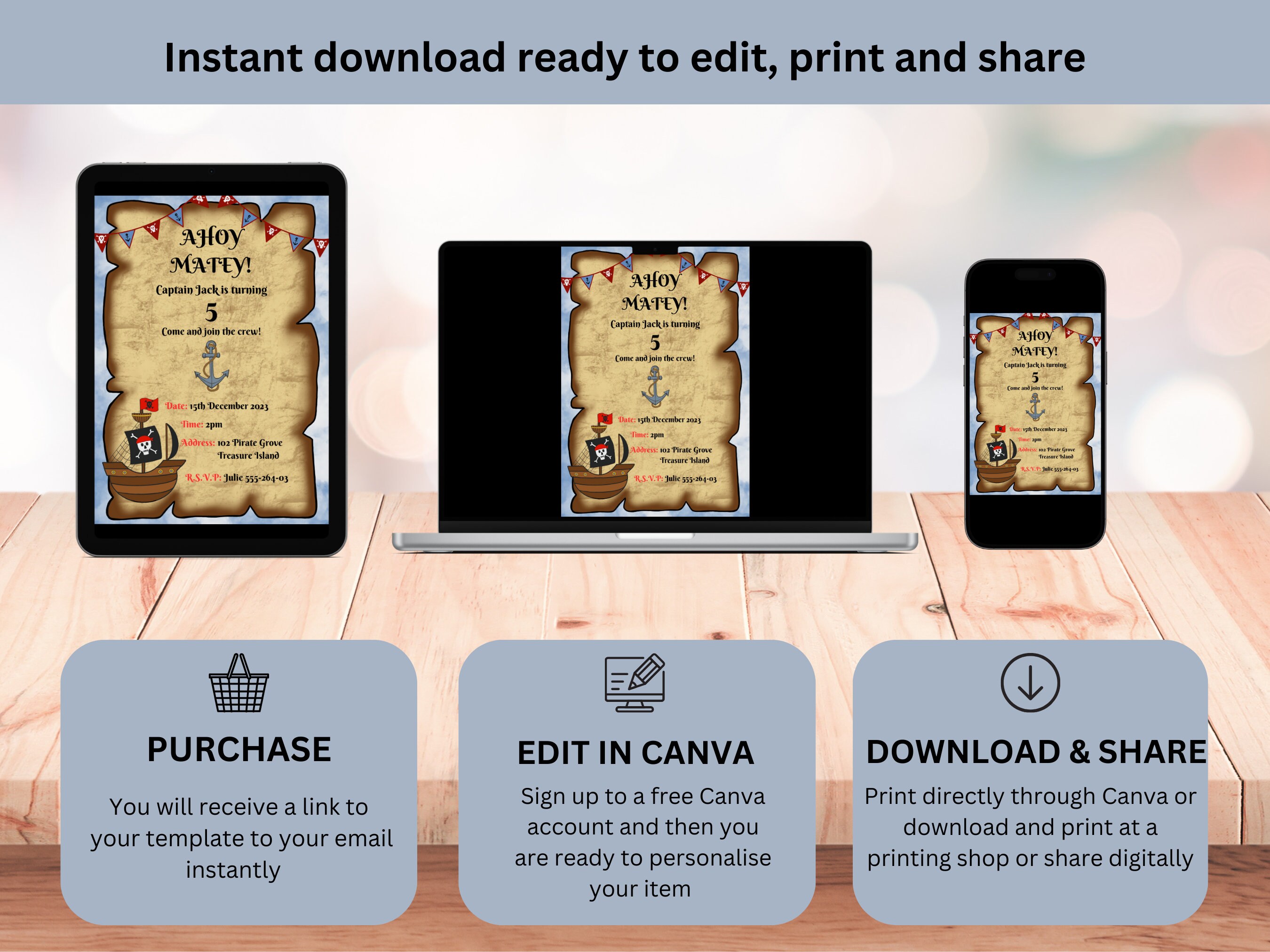 Editable Pirate Birthday Invitation Template | Canva Template ...