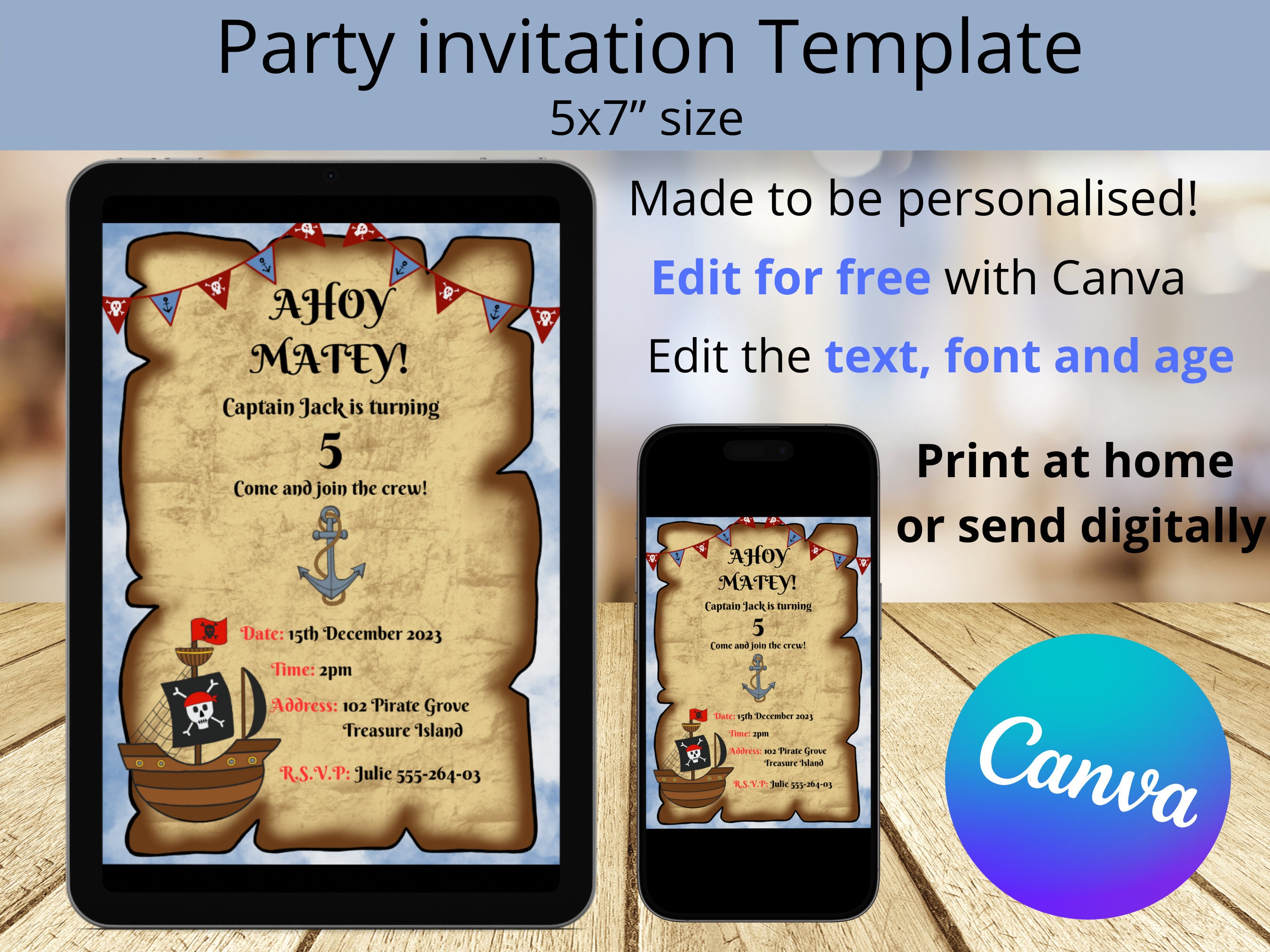 Editable Pirate Birthday Invitation Template | Canva Template ...