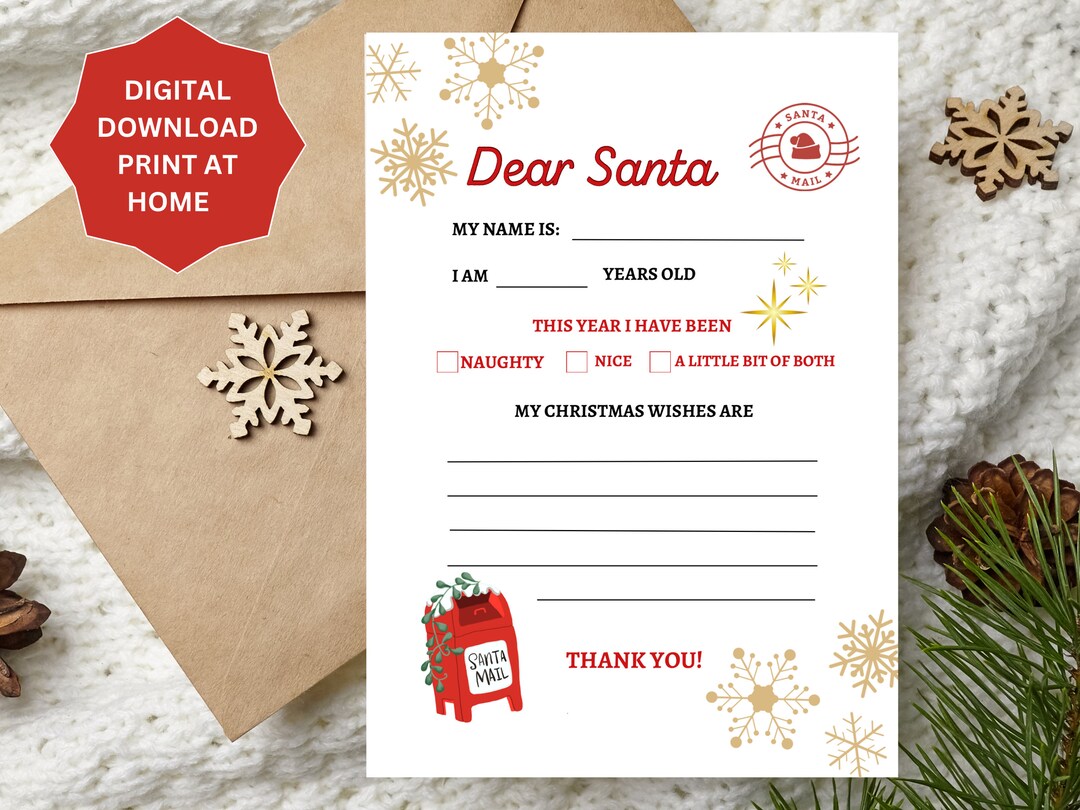 Letter to Santa, INSTANT DOWNLOAD, Printable, Print at Home, Easy to ...