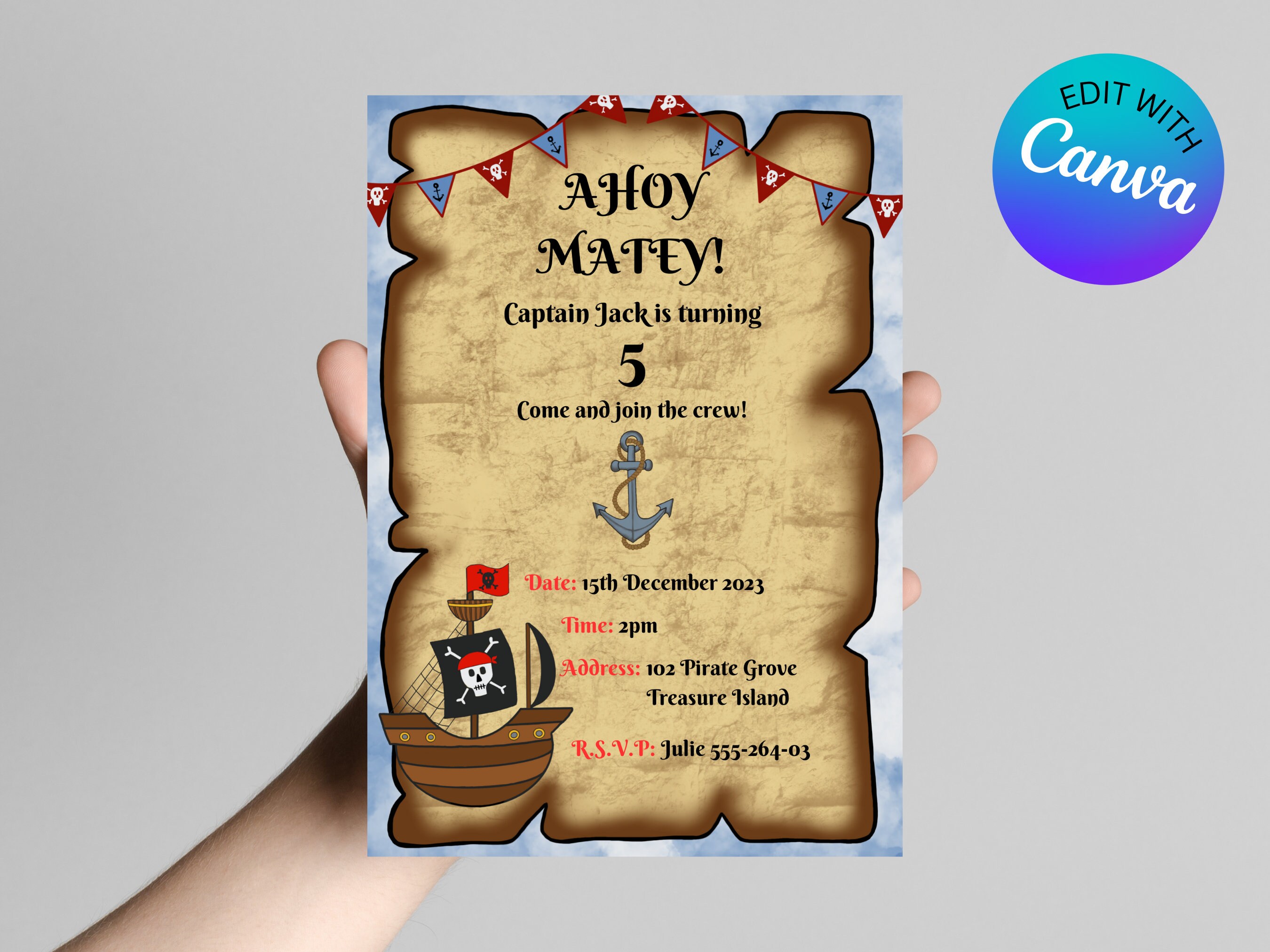 Editable Pirate Birthday Invitation Template | Canva Template ...