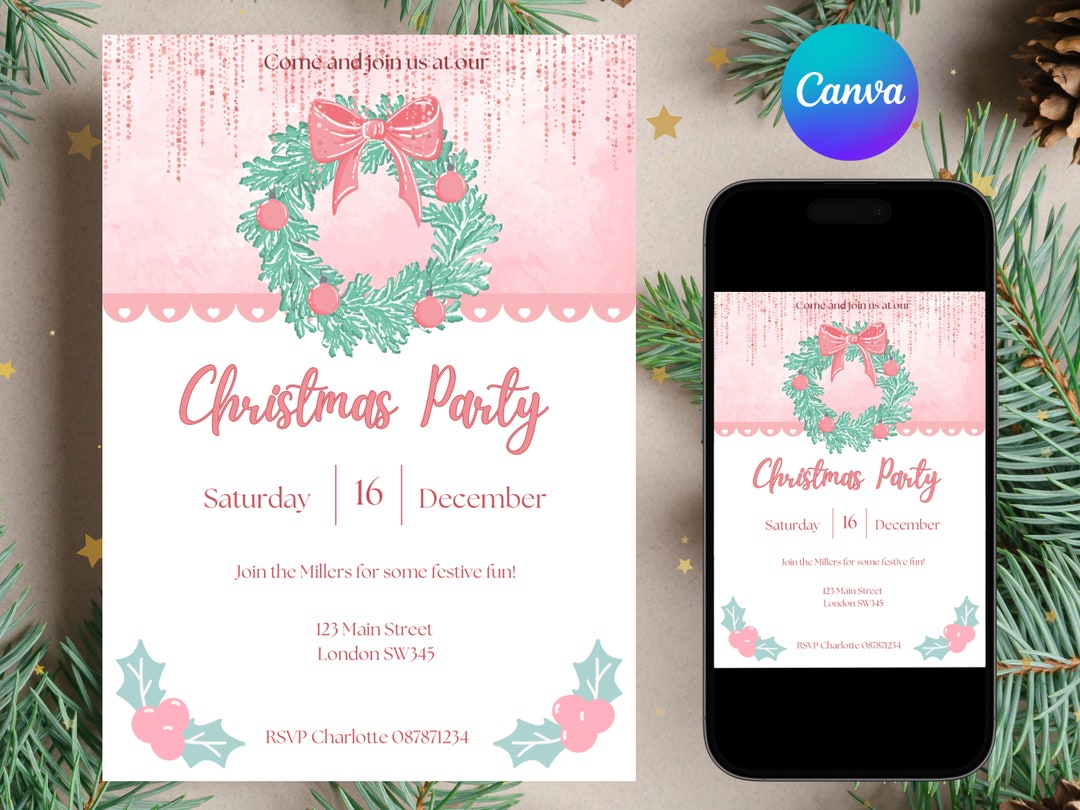 PINK CHRISTMAS INVITATION, Digital Party Invitation, Pink Holiday Party ...