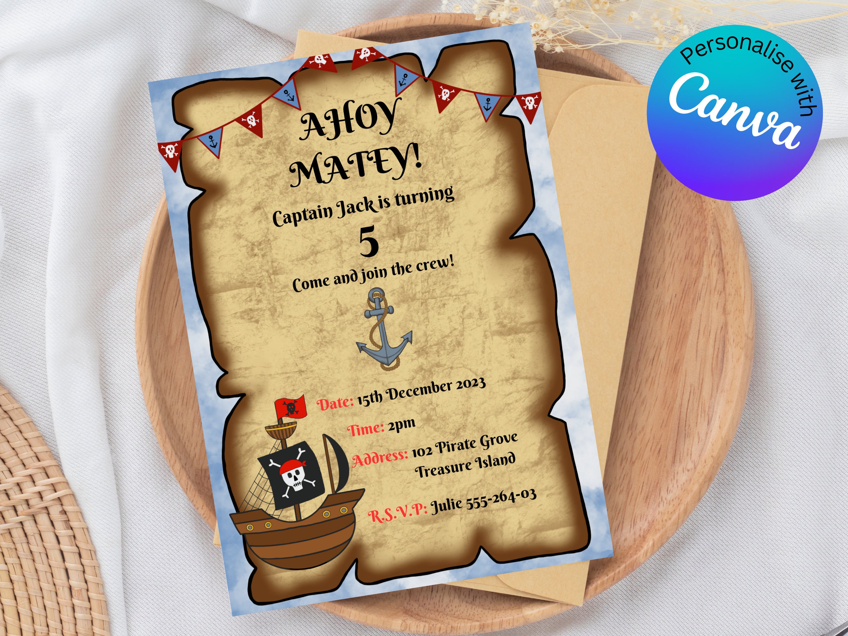 Editable Pirate Birthday Invitation Template | Canva Template ...