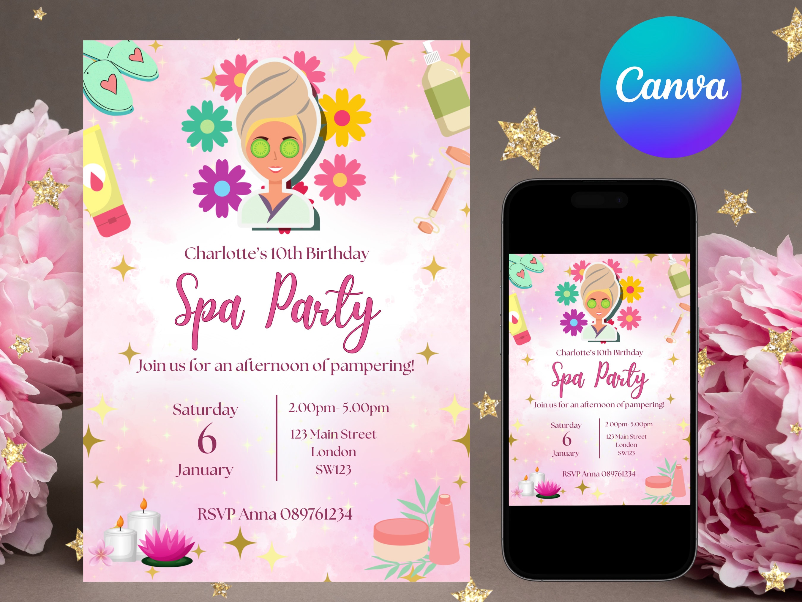 Spa Party Birthday Invitation, Canva Invitation Template, Birthday ...