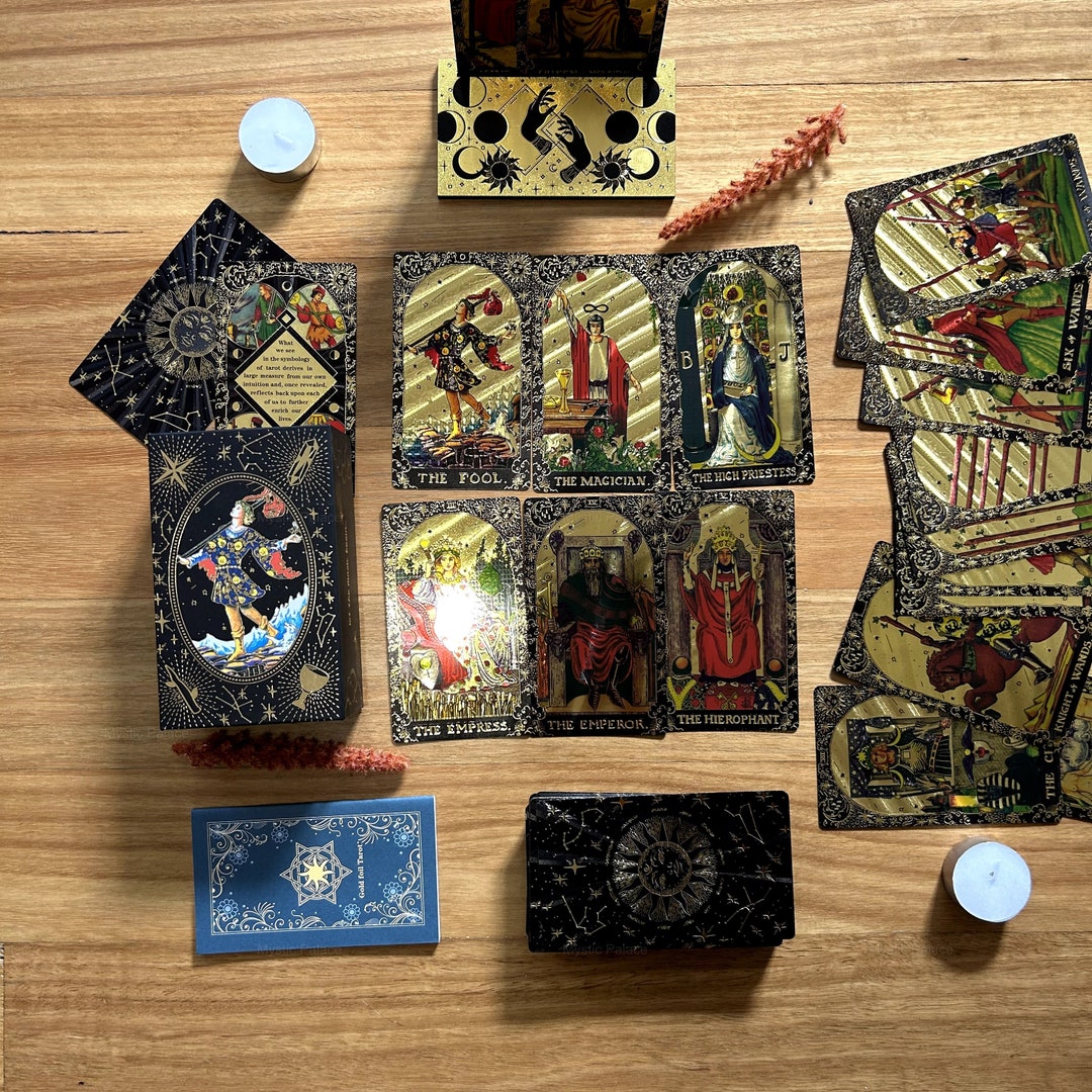 Gold Black Tarot Cards Deck in a Box With Wooden Stand Divination Cards ...
