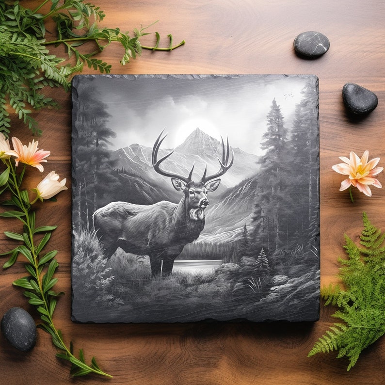 Buck Deer Elk Trees Mountain Forest Laser Engraving File Slate PNG ...