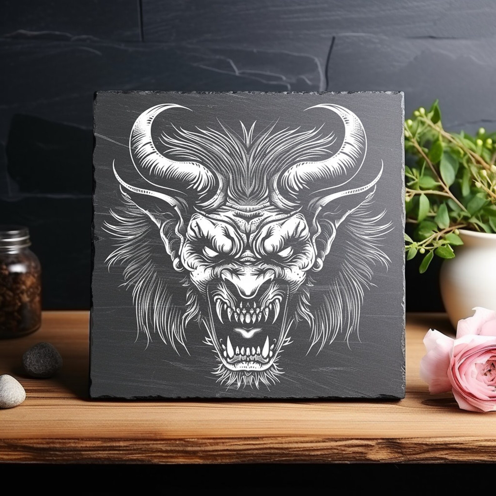 Demon Face Scary Halloween Devil Laser Engraving File Slate PNG Coaster ...