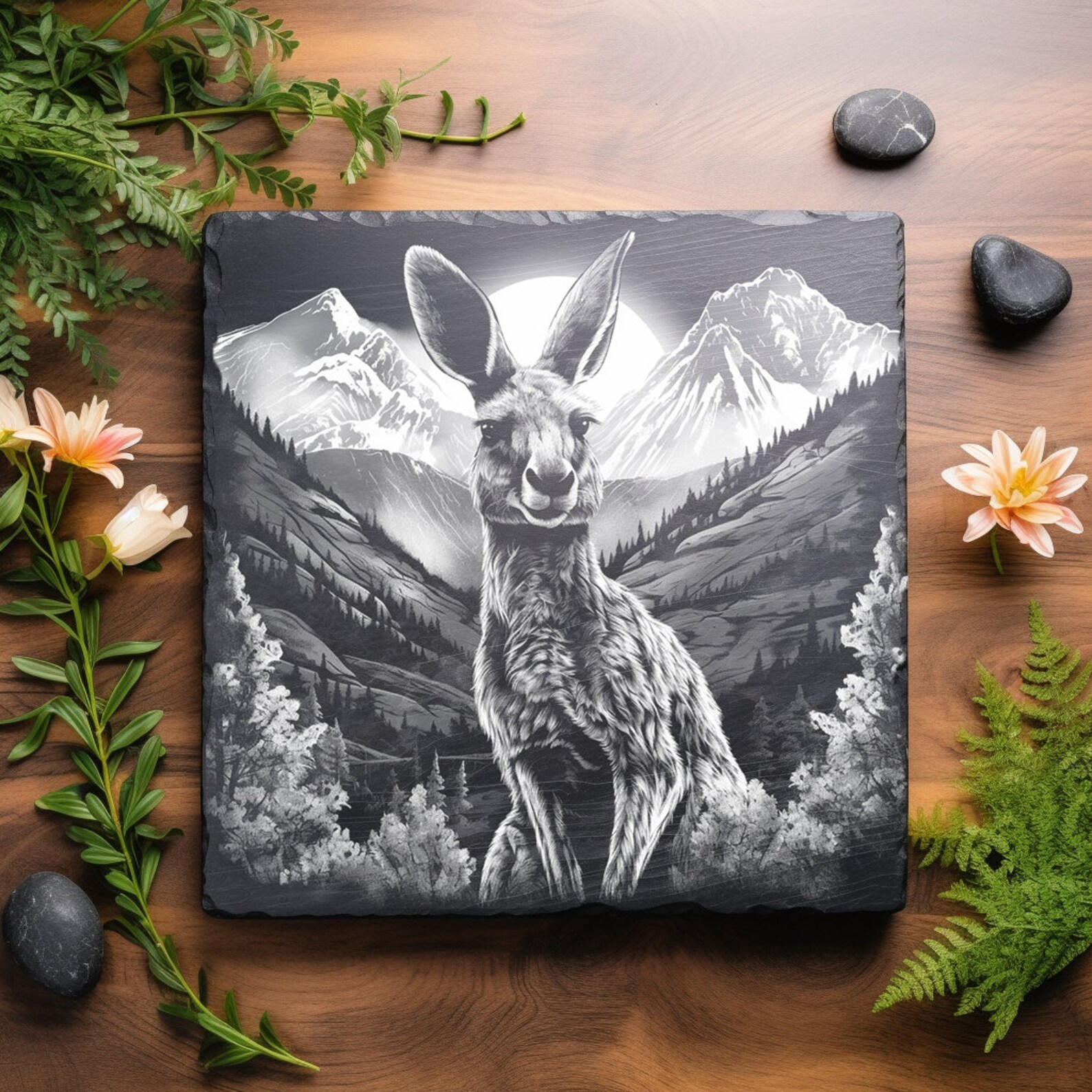 Kangaroo Face Head Mountain Tree Laser Engraving File Slate PNG Coaster ...