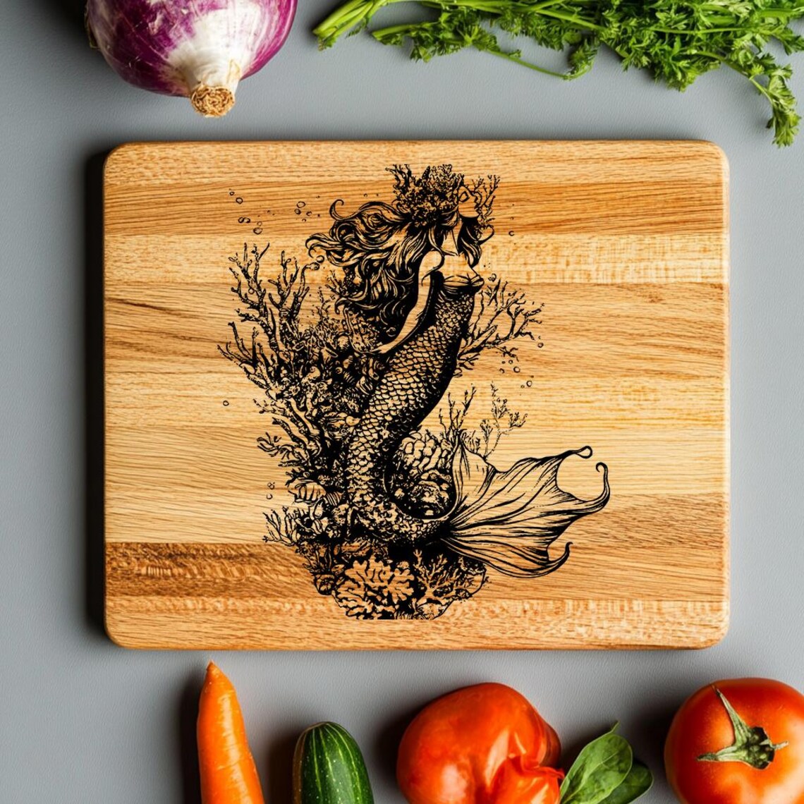 Mermaid Sea Goddess Underwater Laser File Wood Engraving PNG Kitchen ...