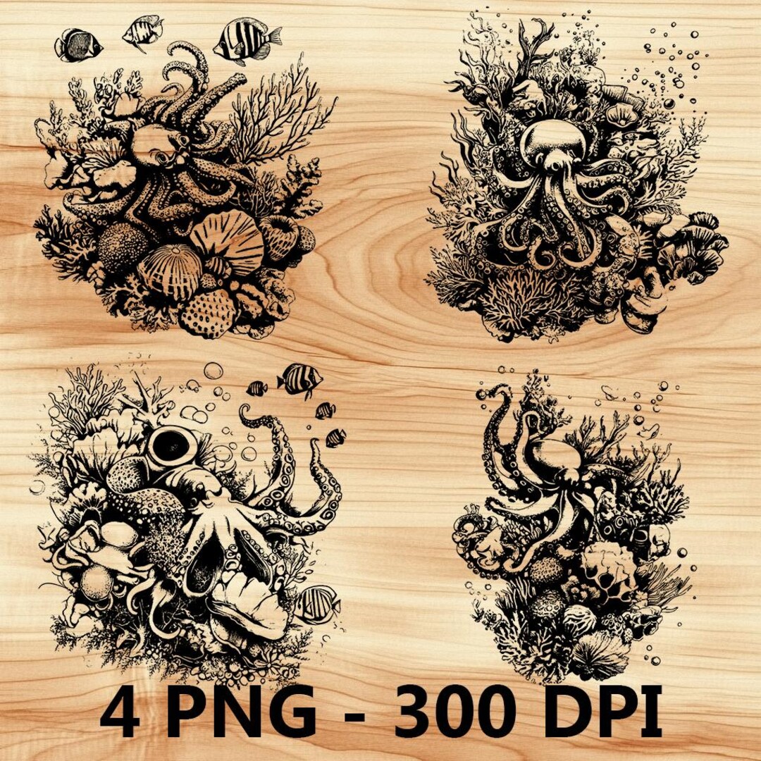 Marine Life Animals Deep Sea Creatures Laser File Wood Engraving PNG ...
