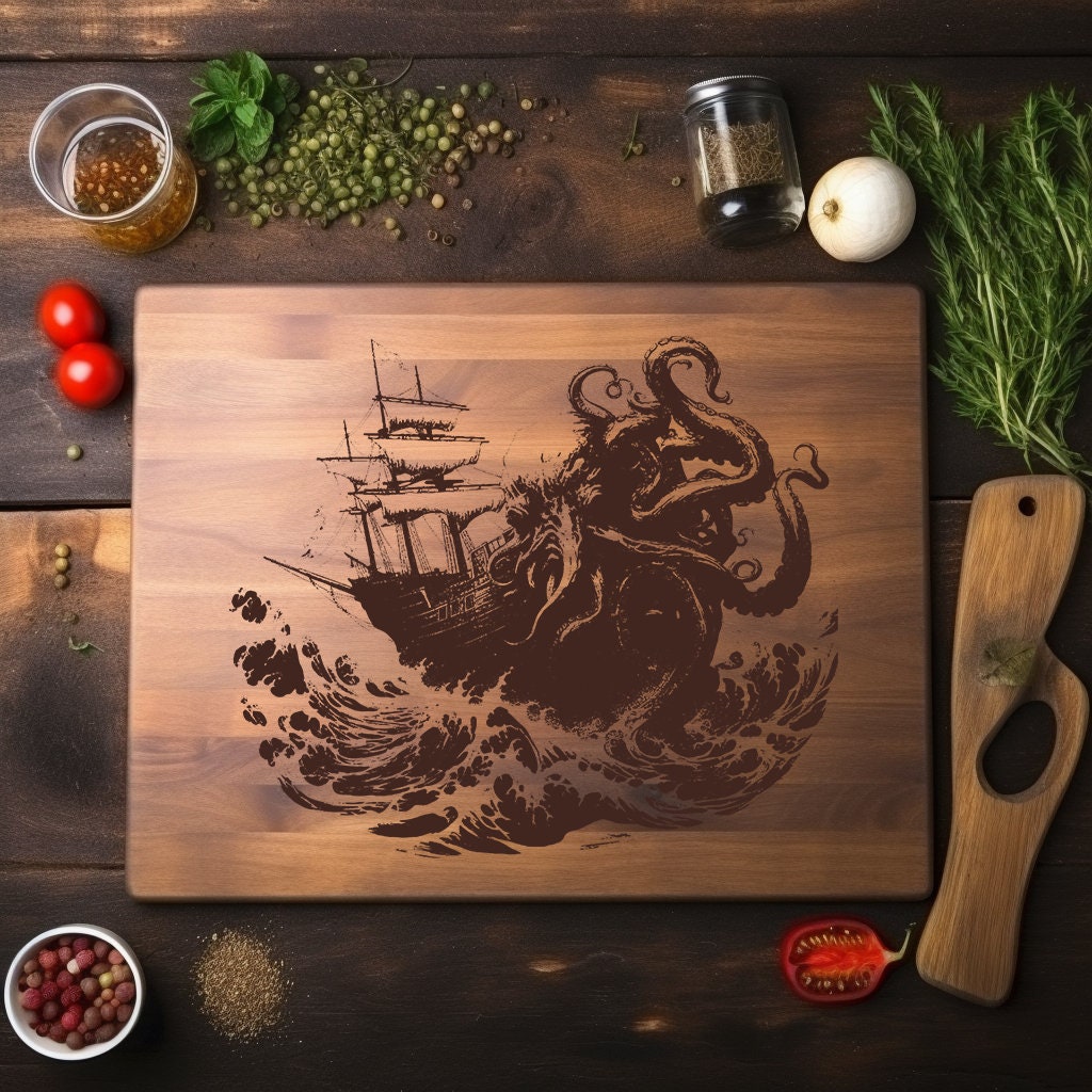 Kraken Octopus Squid Laser PNG File Engrave Wood Board Tray Charcuterie ...