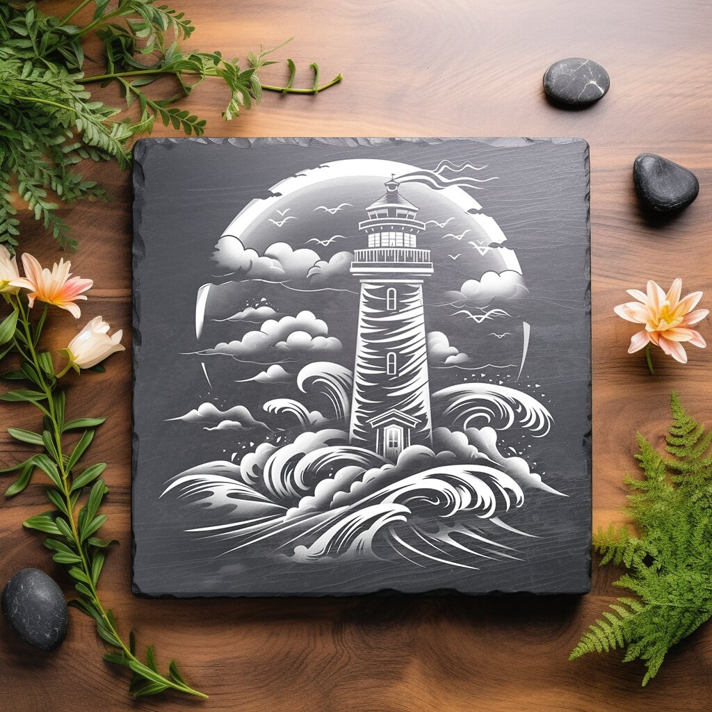 Lighthouse Watchtower Sea Waves Slate Engraving File Laser Engraved PNG ...