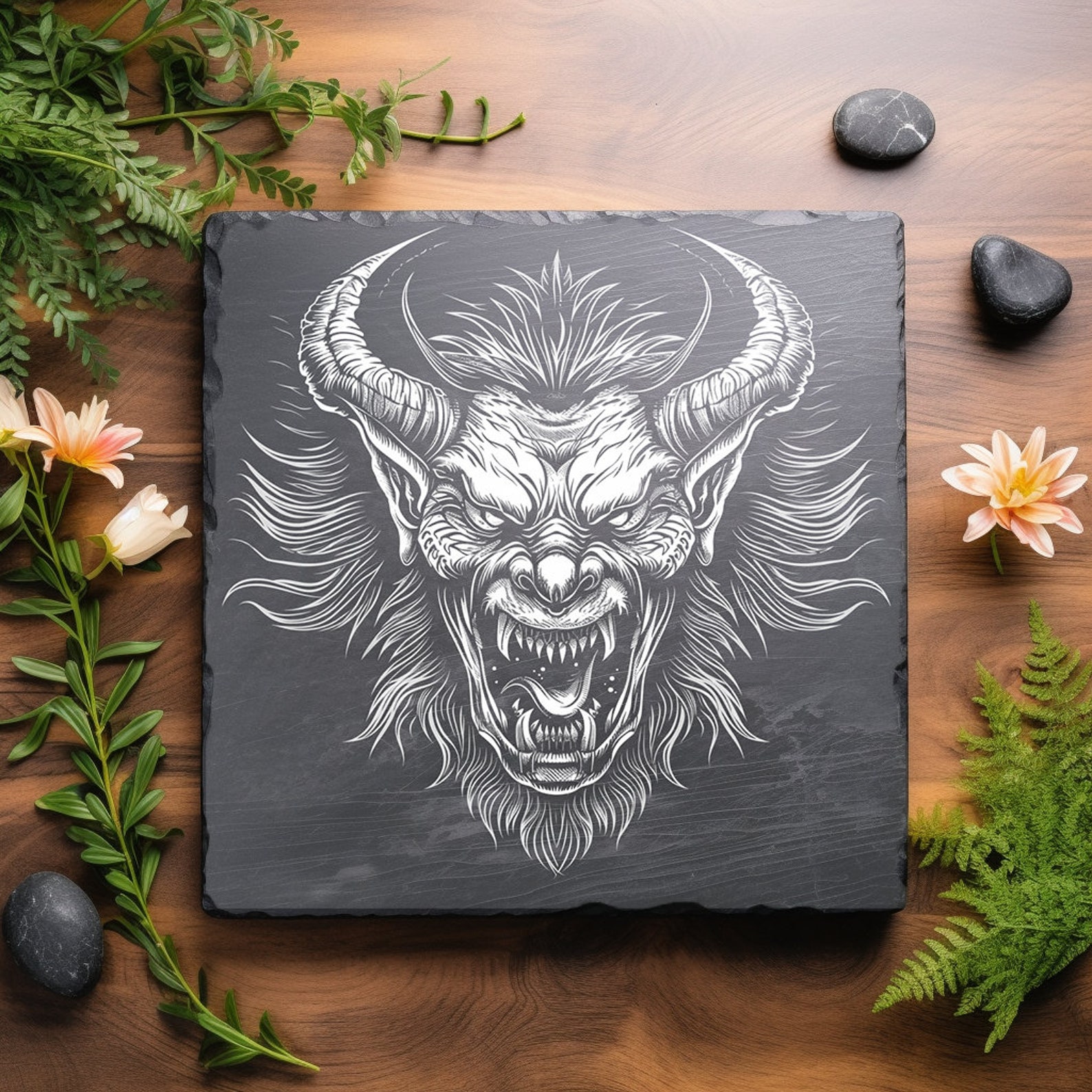 Demon Face Scary Halloween Devil Laser Engraving File Slate PNG Coaster ...