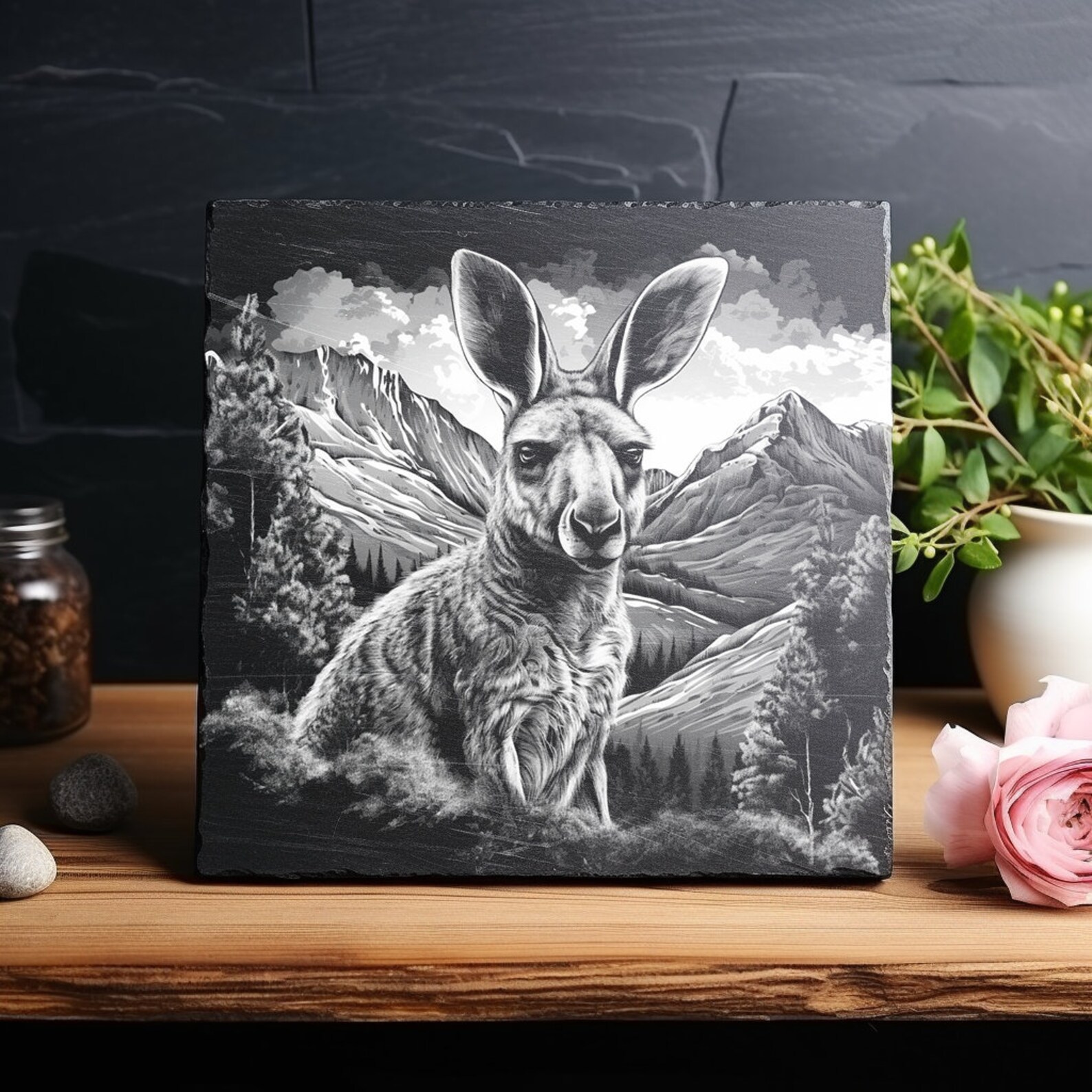 Kangaroo Face Head Mountain Tree Laser Engraving File Slate PNG Coaster ...