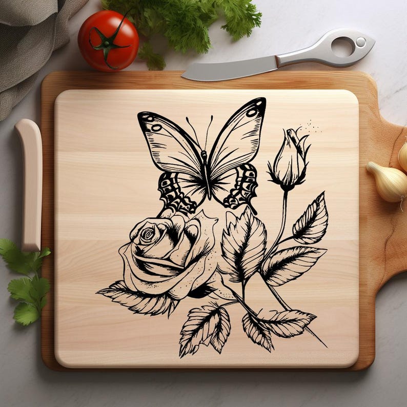 Butterfly Rose Flower Petals Laser File Wood Engraving PNG Kitchen Cut ...